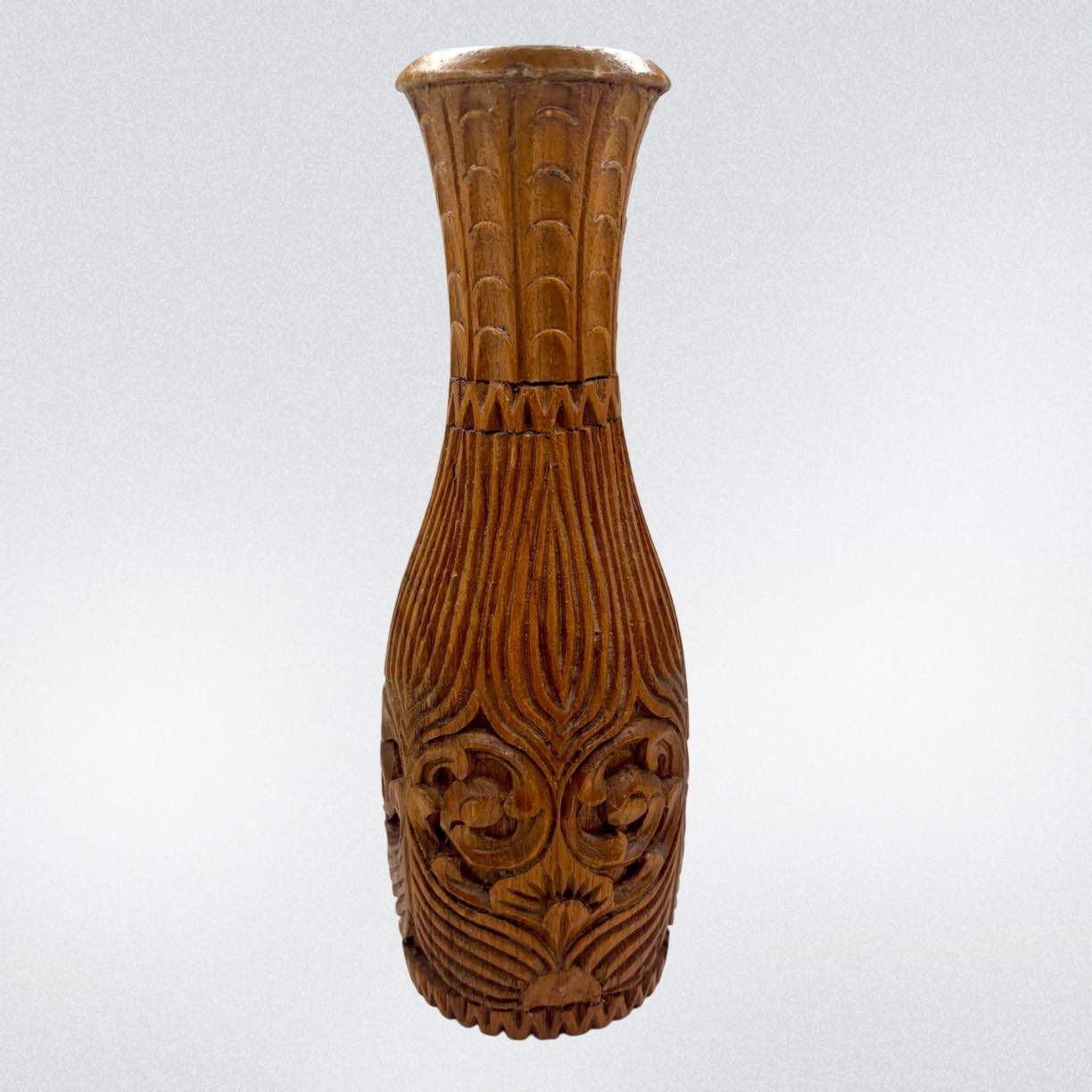 Hand Carved Tall Wooden Detailed Vase 10”