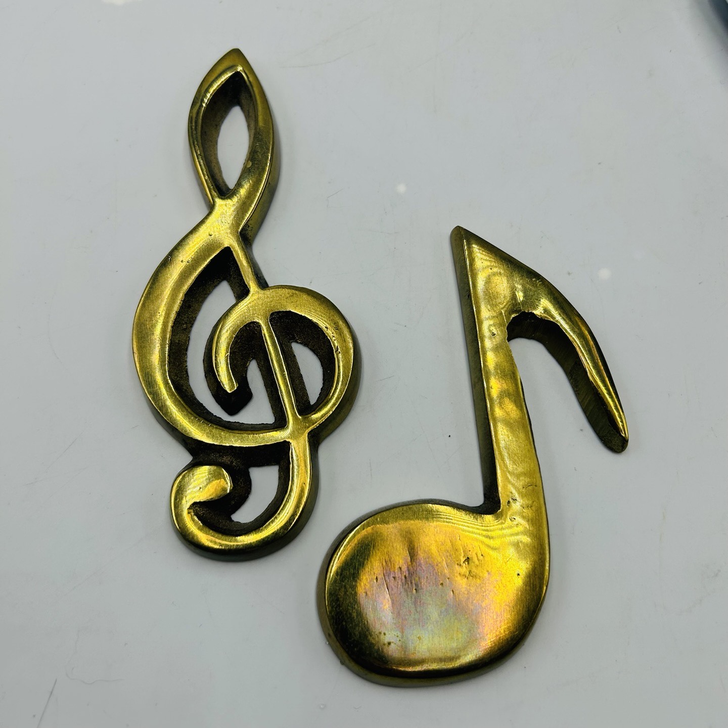 2 Brass Musical Note And treble Clef Figures Flat Paperweight