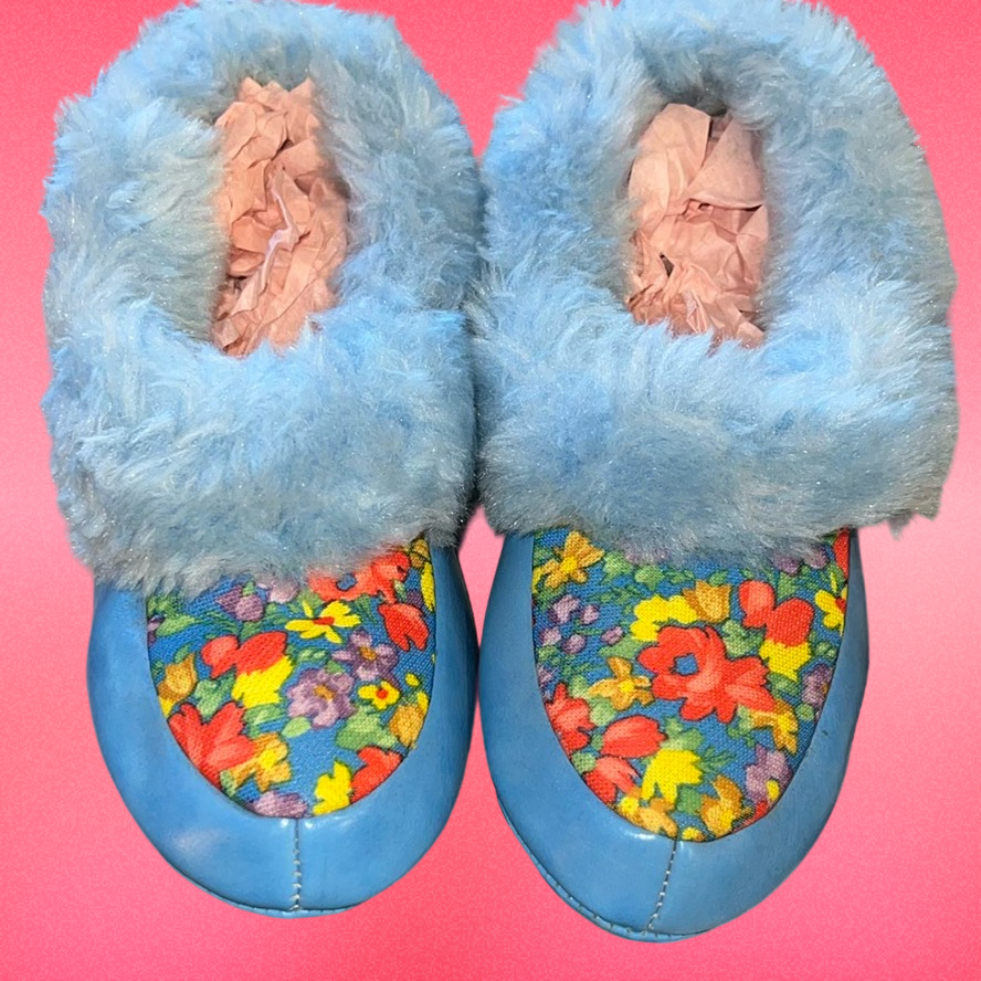 1970s Blue Fuzzy Slippers