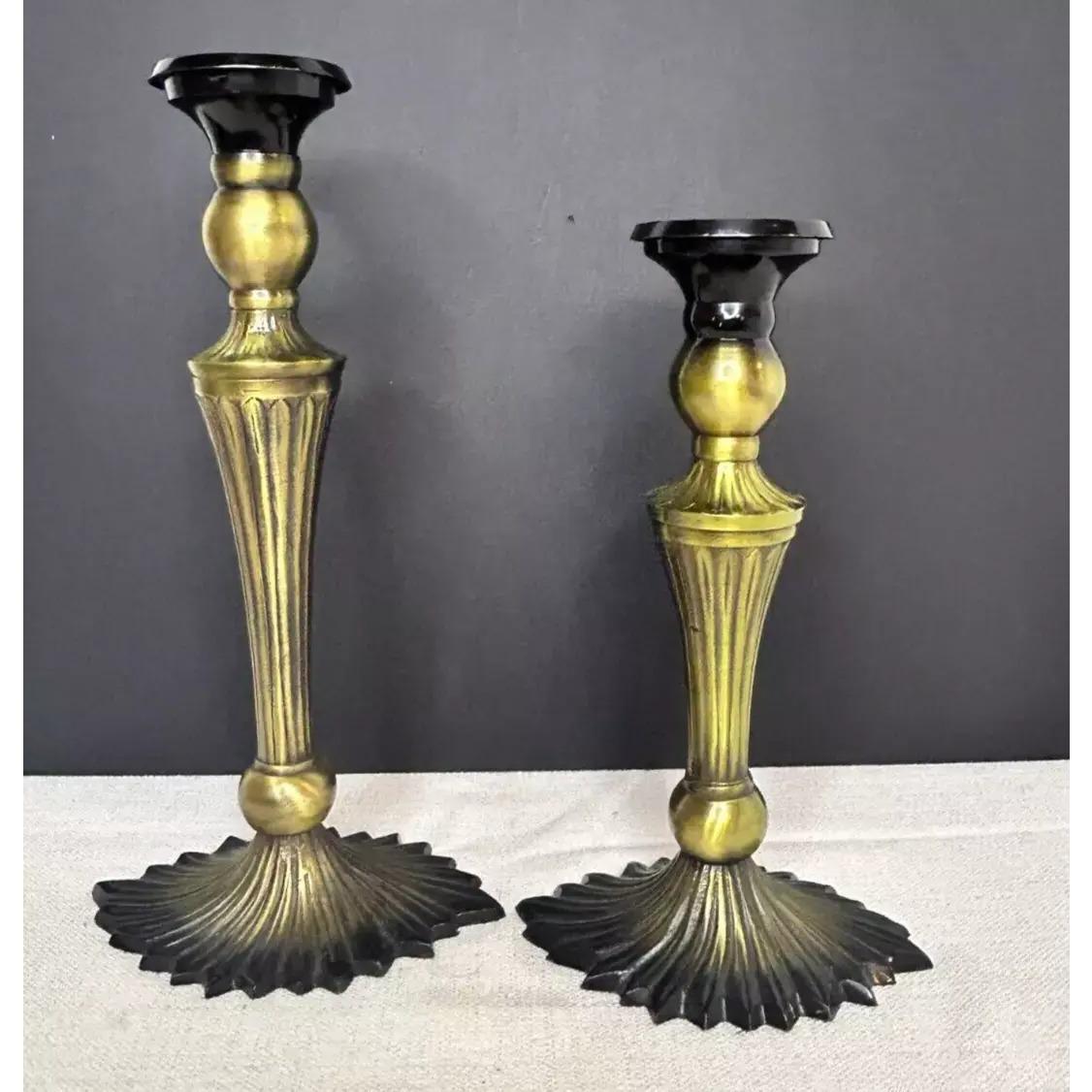 Vintage Pair Hollywood Regency Solid Brass Candlesticks w/Black Accents