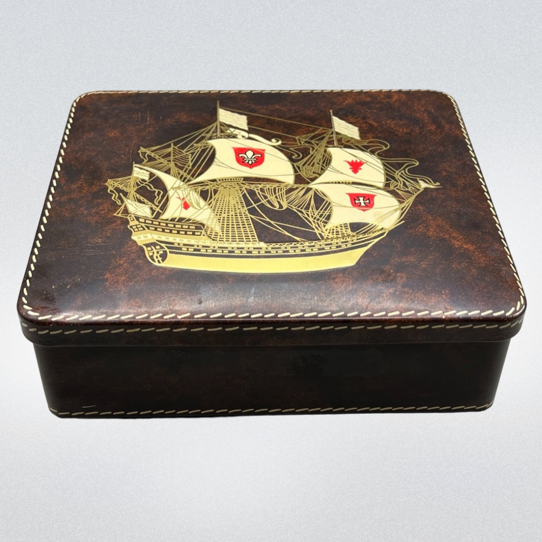 Embossed Schooner Ship Tin West Germany Boat Metal Storage Container