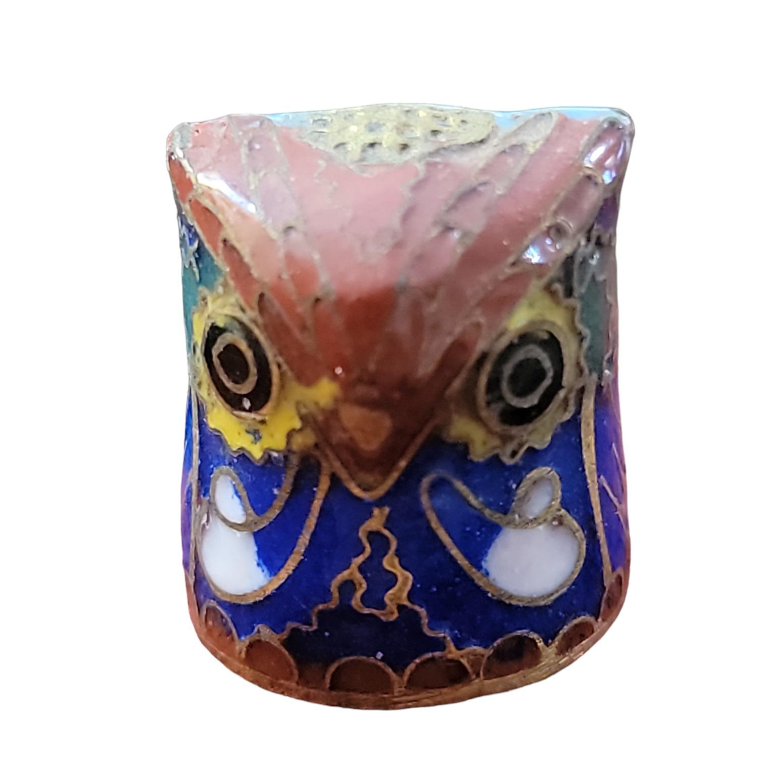 Vintage Cloisonné 1" Owl Thimble Enamel Chinese Multicolor Hand Made