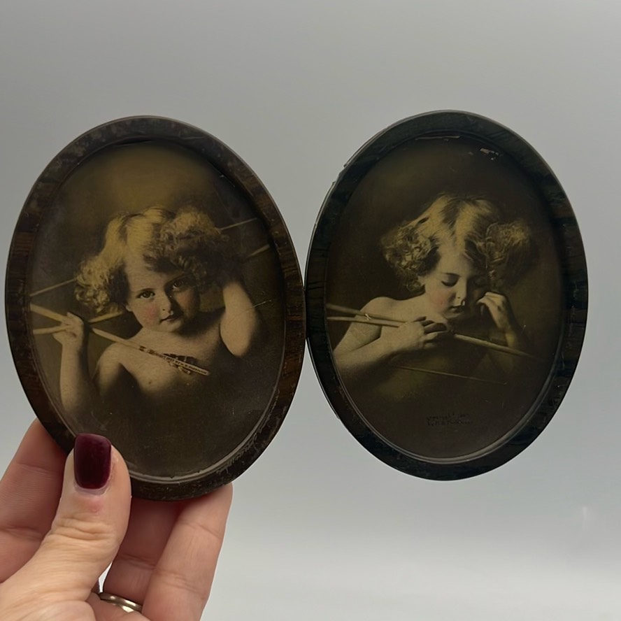 Antique 1897 Cupid Awake Cupid Asleep Pair Metal Attached Frames 6.75x4.5
