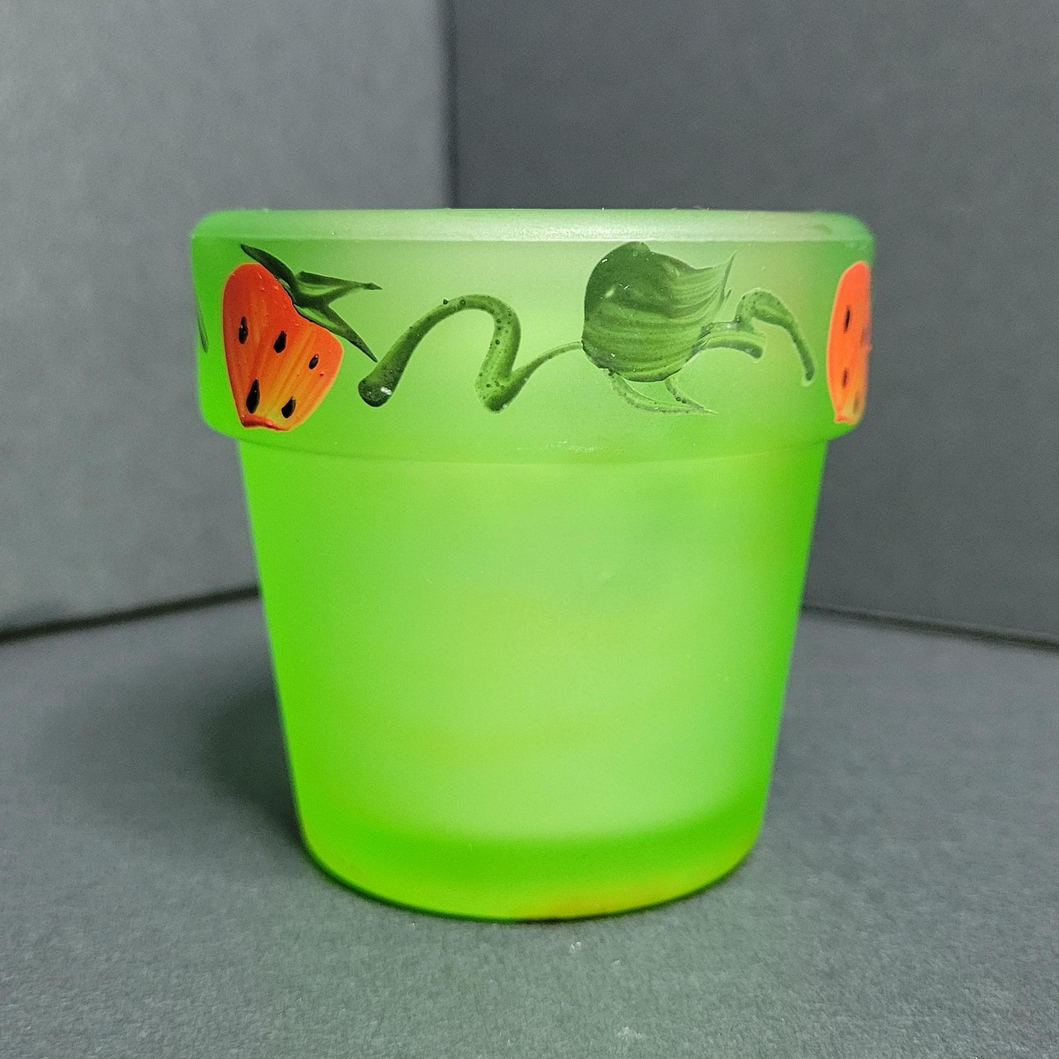 Hand Painted Strawberry Glowy Green Glass Mini Planter