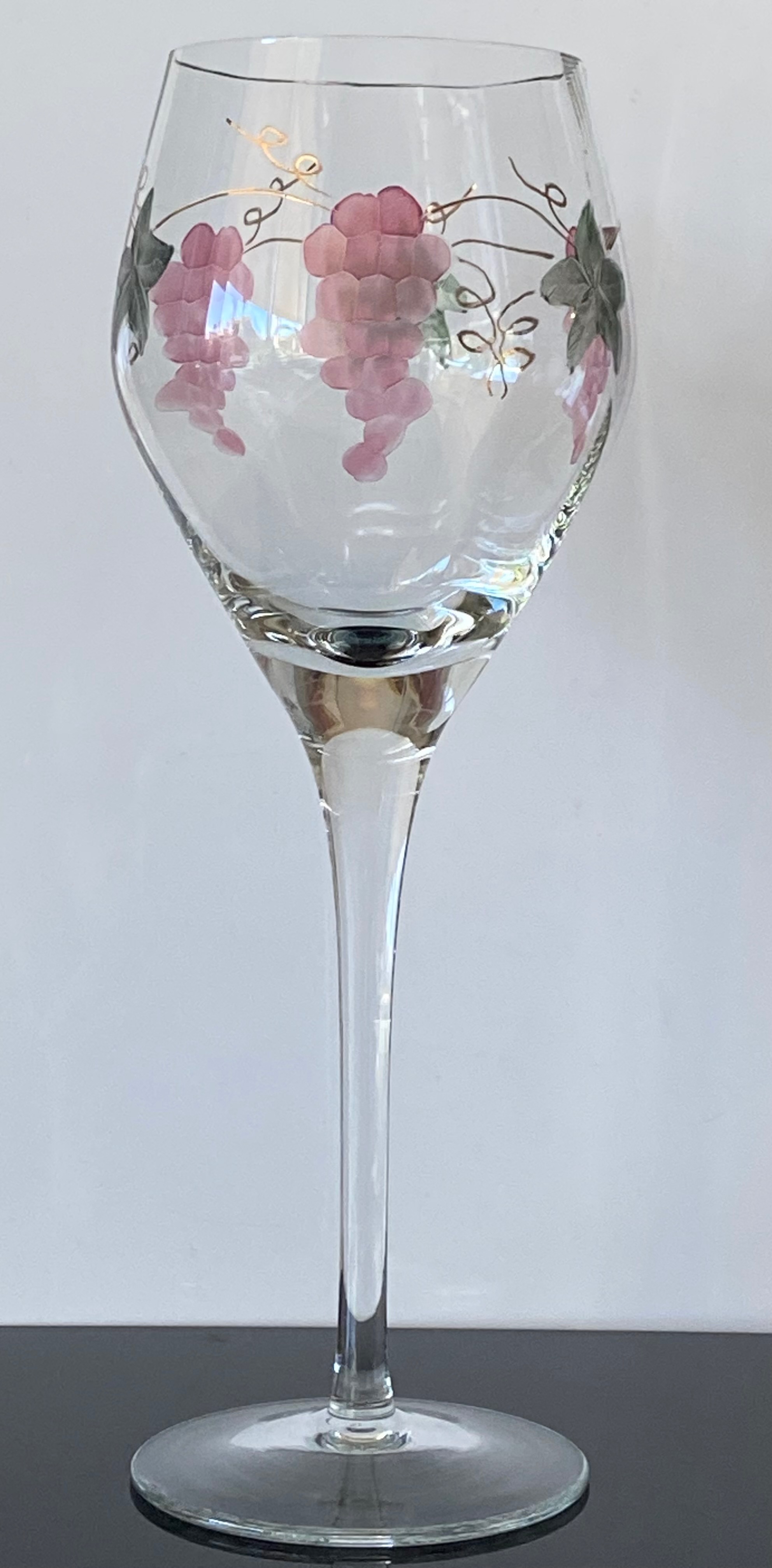 6 Rosenberg Crystal Wine Glasses, Hand Painted Grapevines 24K Gold Accents