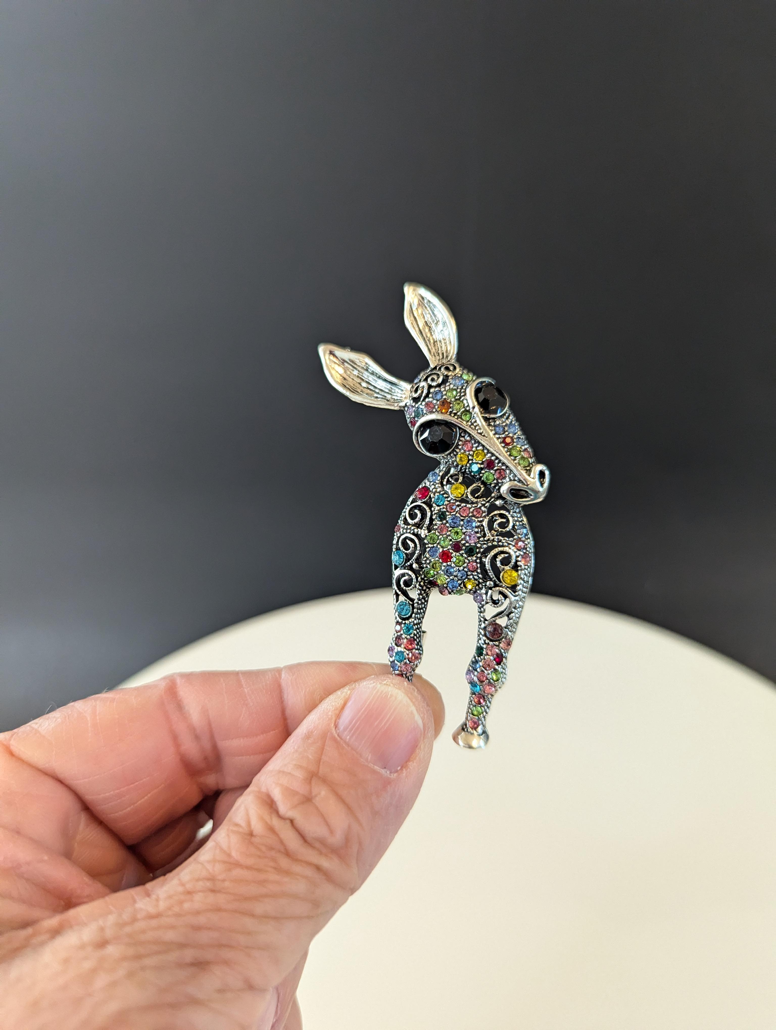 Whimsical Donkey Brooch, Colorful Rhinestone Jewelry