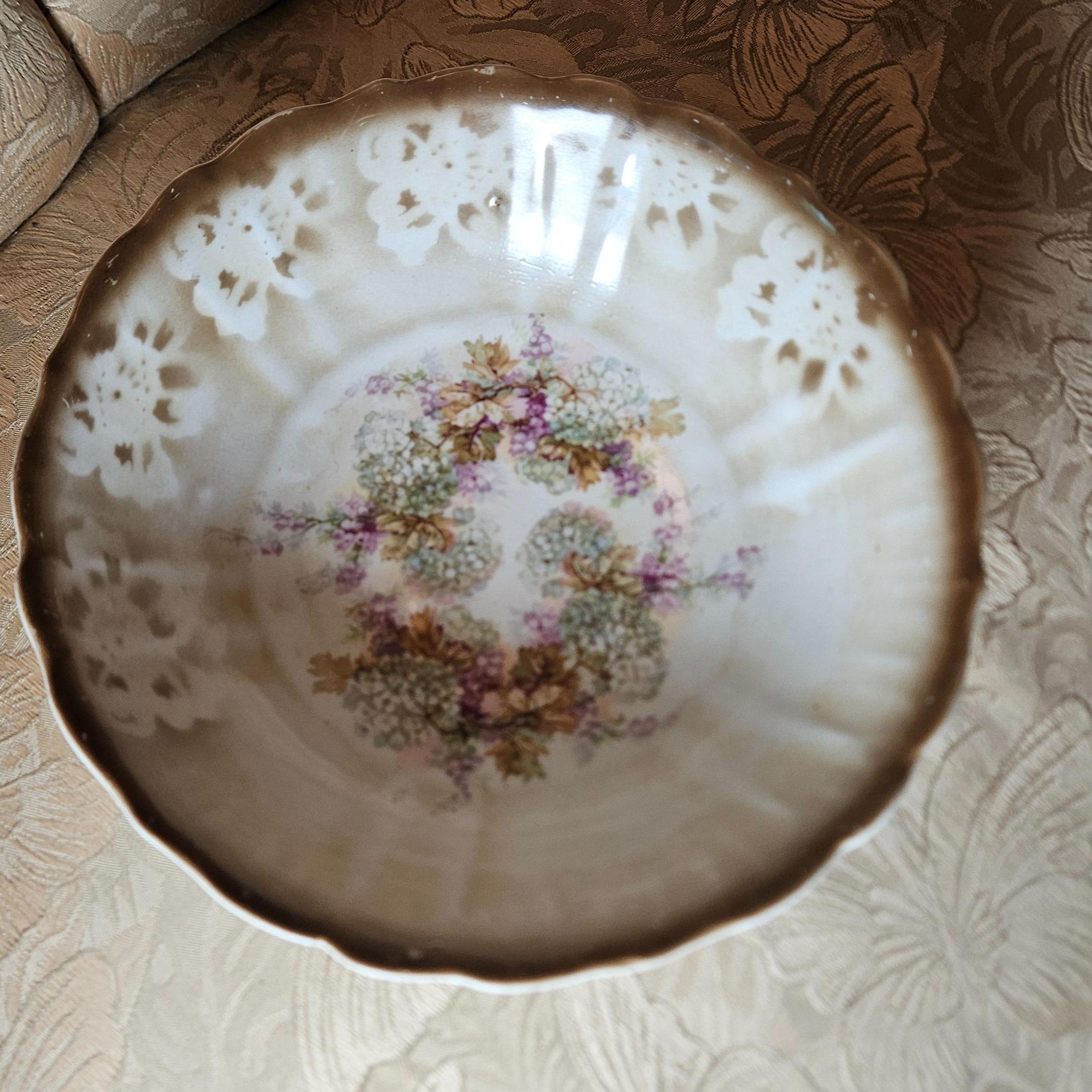 Antique German Lusterware Floral Serving Bowl