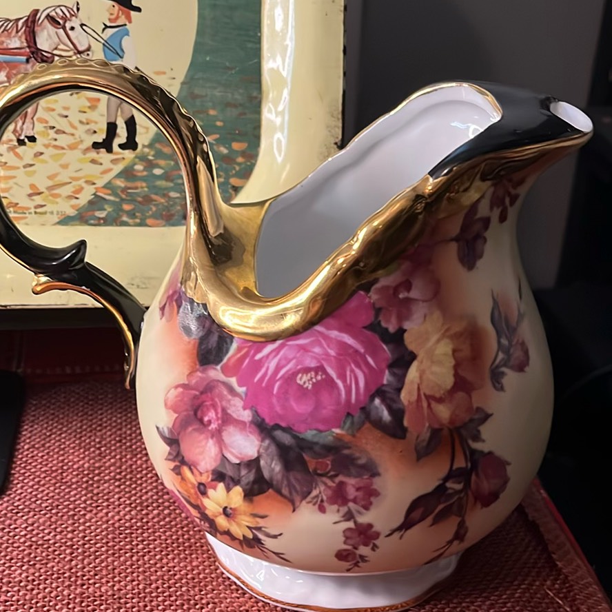 Vintage Rose With Gold Trim Flower Pitcher. 7 inches tall 7 1/2 inches ...