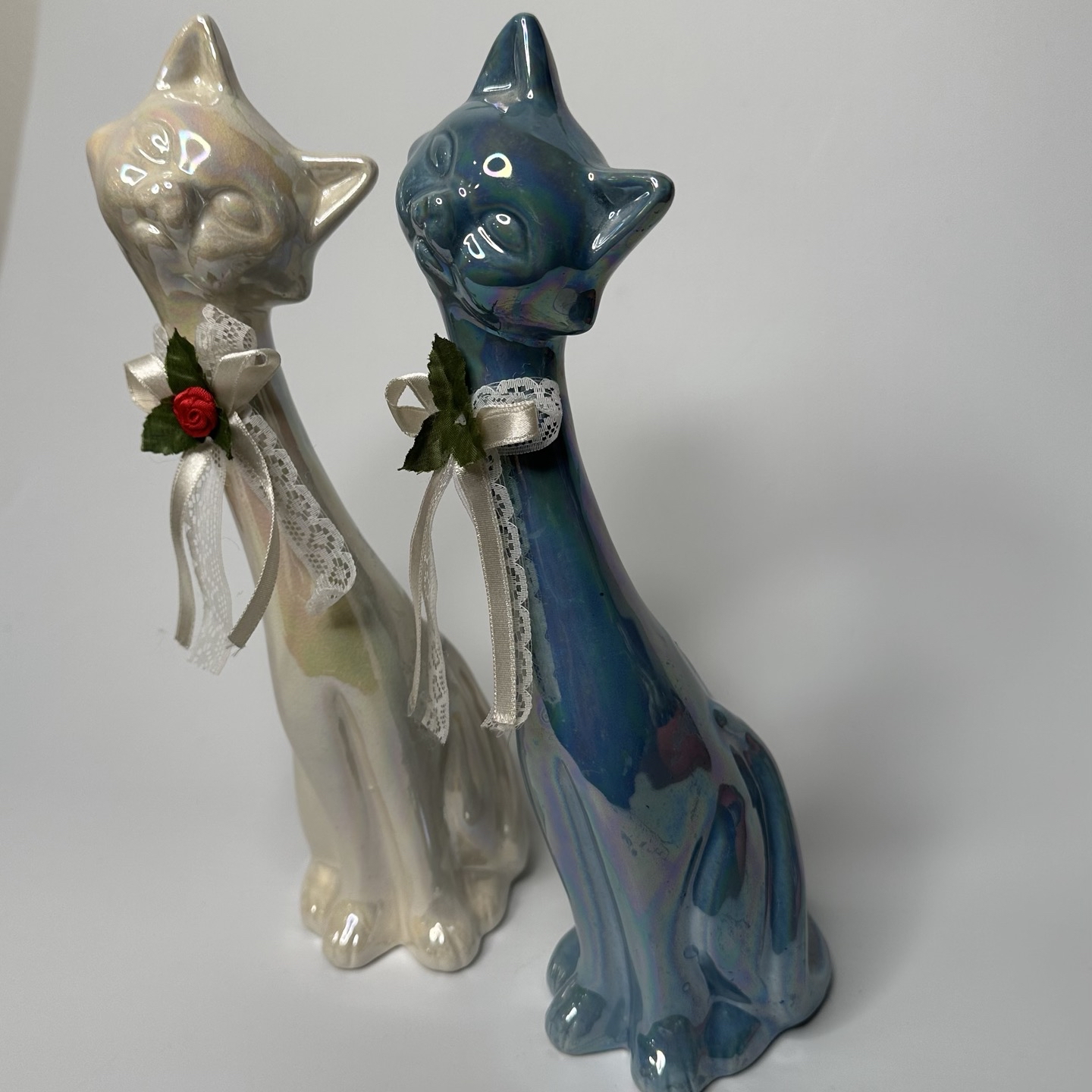 Pair Rosenthal Netter 1970's Iridescent Blue White Ceramic Cats