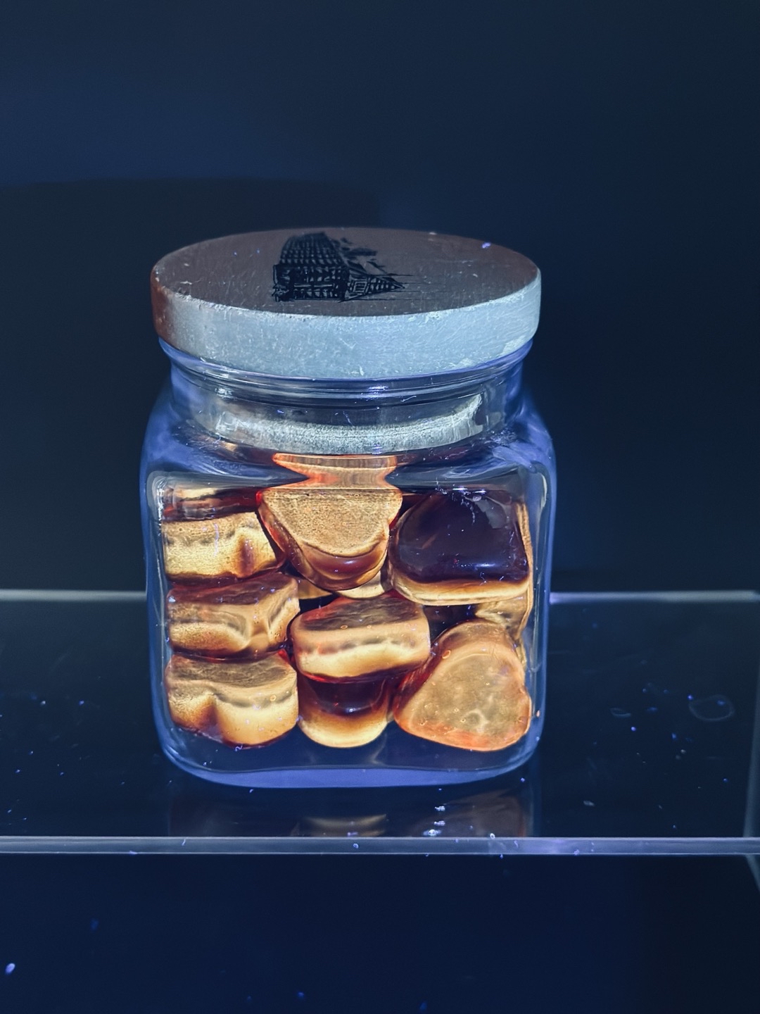 24 Vintage Red Cadmium GLOW Glass Hearts In Vtg Ema Jar UV GLOW