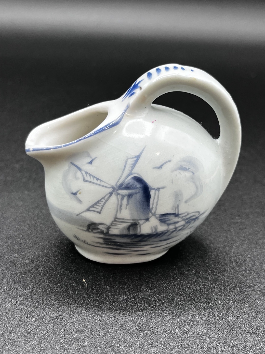 Mini Japanese White & Blue Porcelain Pitcher w/Windmill 2.5” 🎐
