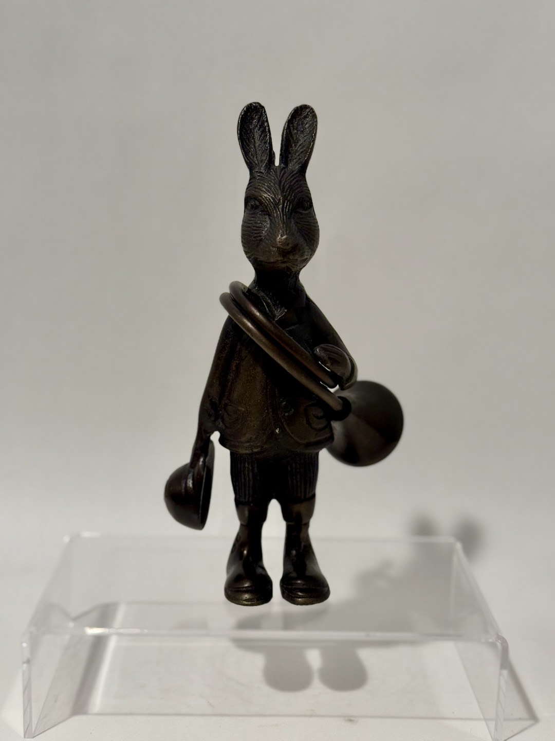 Cast Bronze Look Bunny Rabbit Statue Anthropomorphic Sculpture Hunting Horn