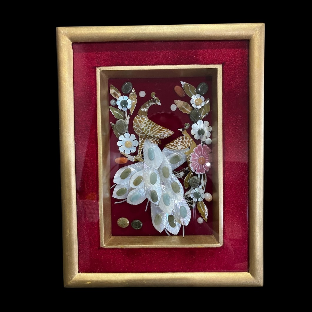 Vintage Peacocks Shell And Multi Colored Stones Artwork