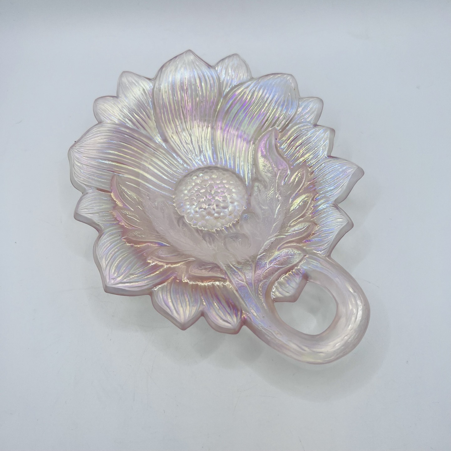 Fenton Pink Iridescent Sunflower Pin Trinket Dish 4.5”x 6”