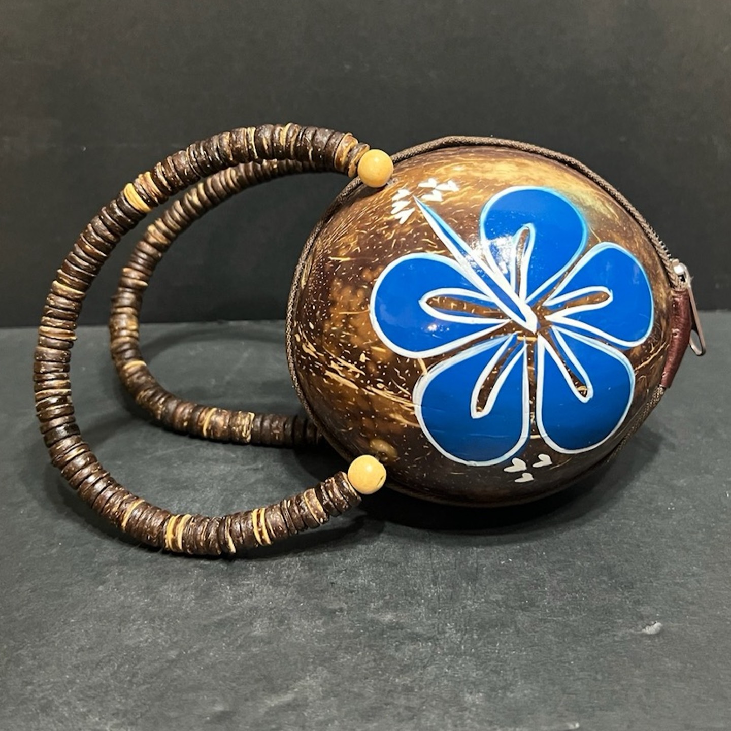 MARKDOWN! Coconut Shell Purse with Hand Painted Blue Hibiscus Flower ~4 ...
