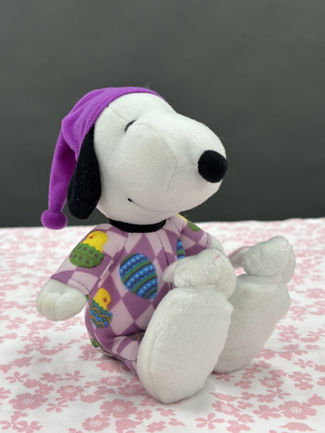 Snoopy in Purple Pjs with Bunny Slippers