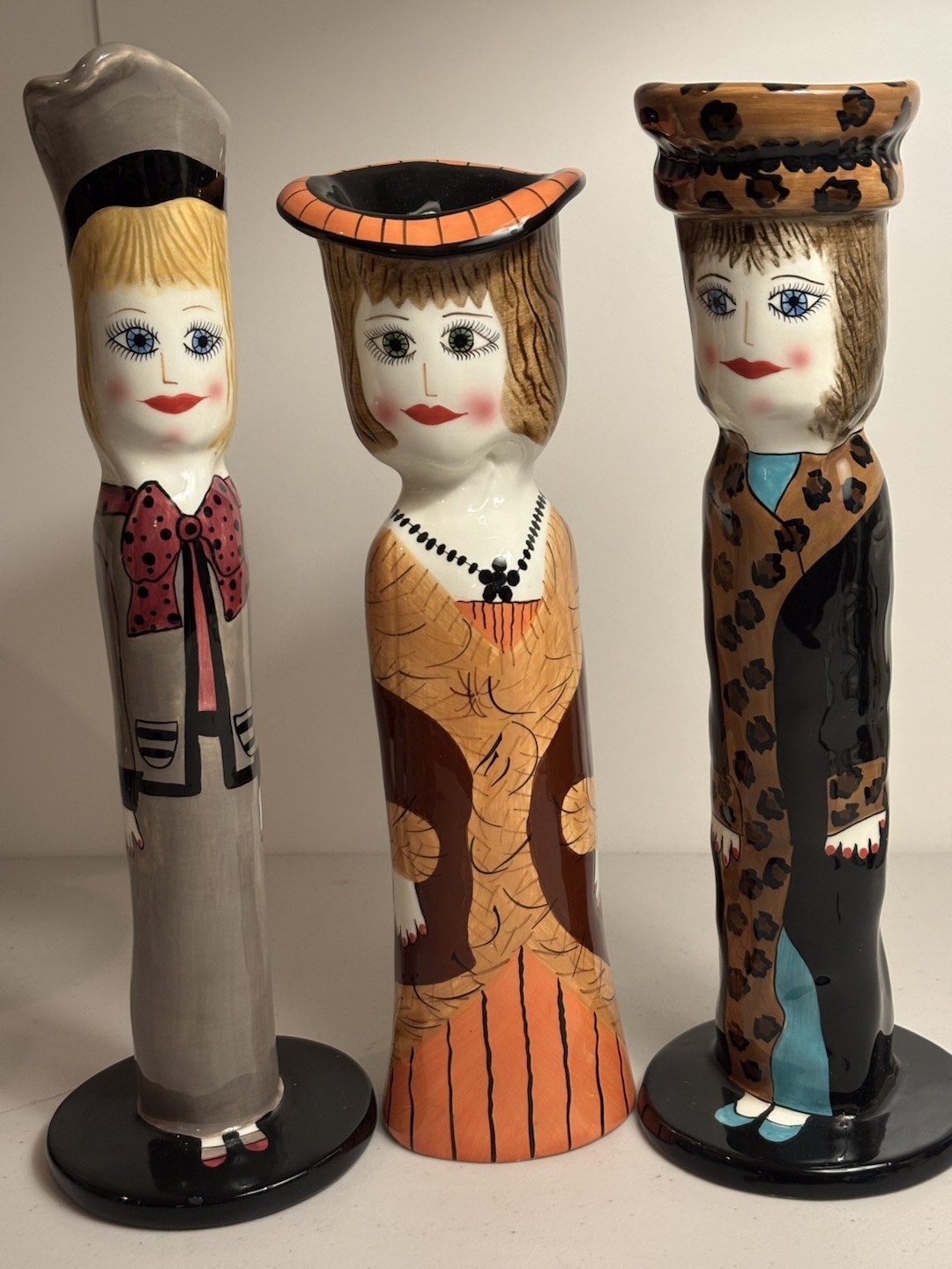 Three Bella Casa Susan Paley Figurine Vases: Hand-Painted Ceramic Art Set