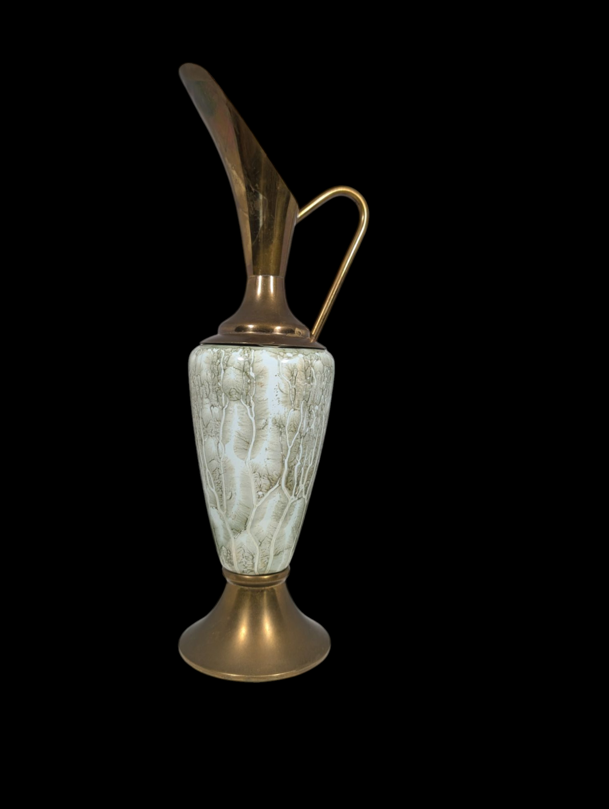Vintage Green Delftware & Brass Green Pitcher/Ewer Vase MId Century Modern