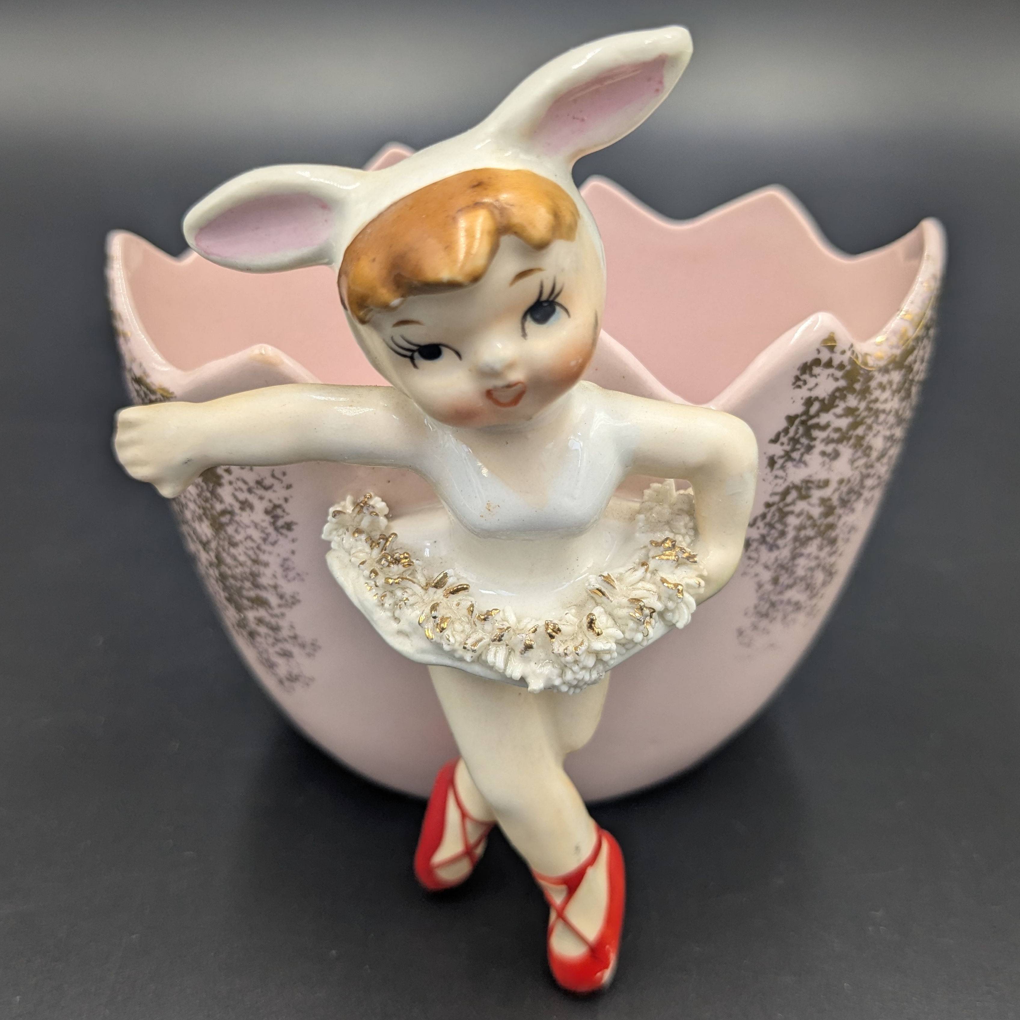 Vintage Lefton Bunny Ballerina in a Tutu with Spaghetti Trim Wall Pocket