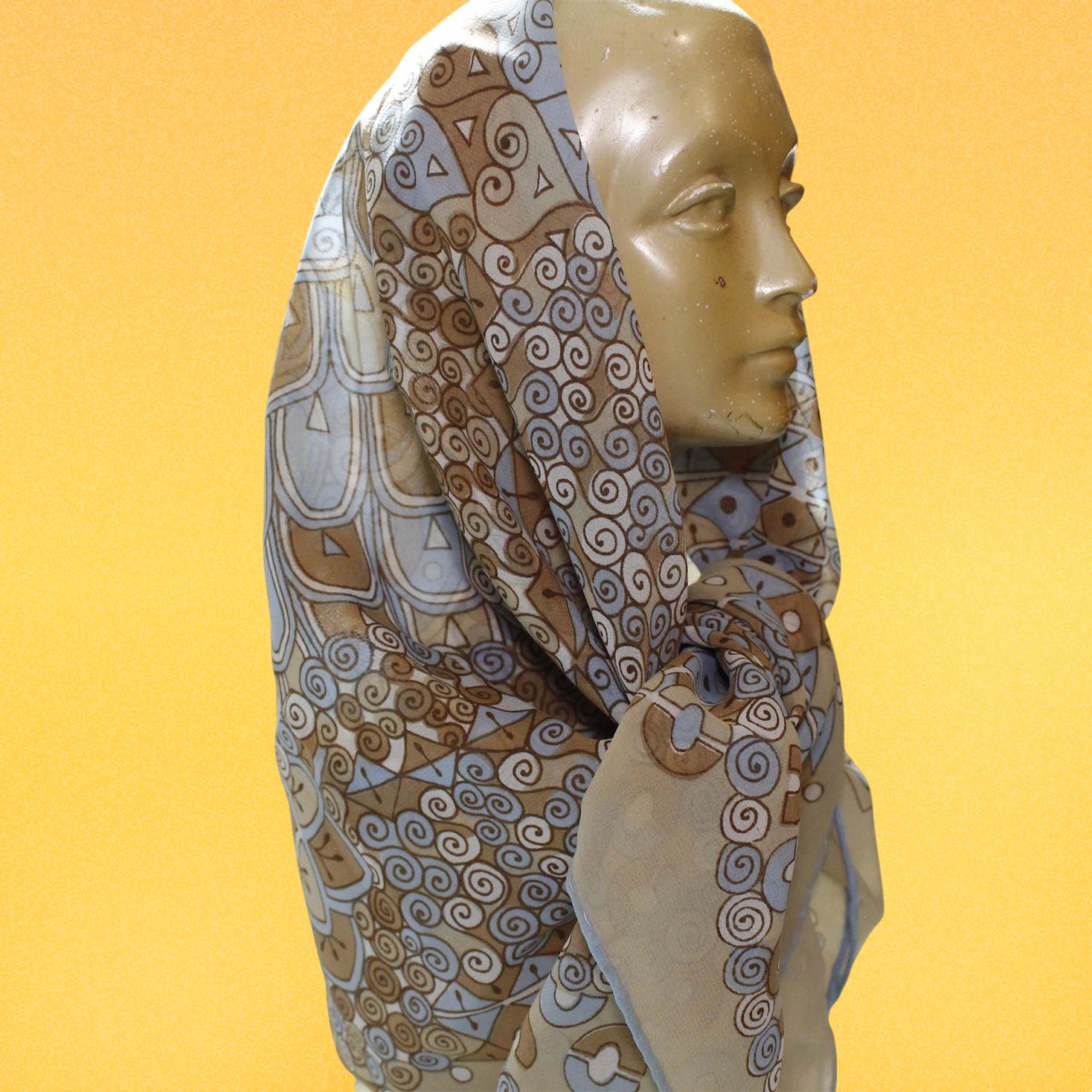 Vintage Sheer Square Headscarf Tan Brown Light Blue Cream 26"