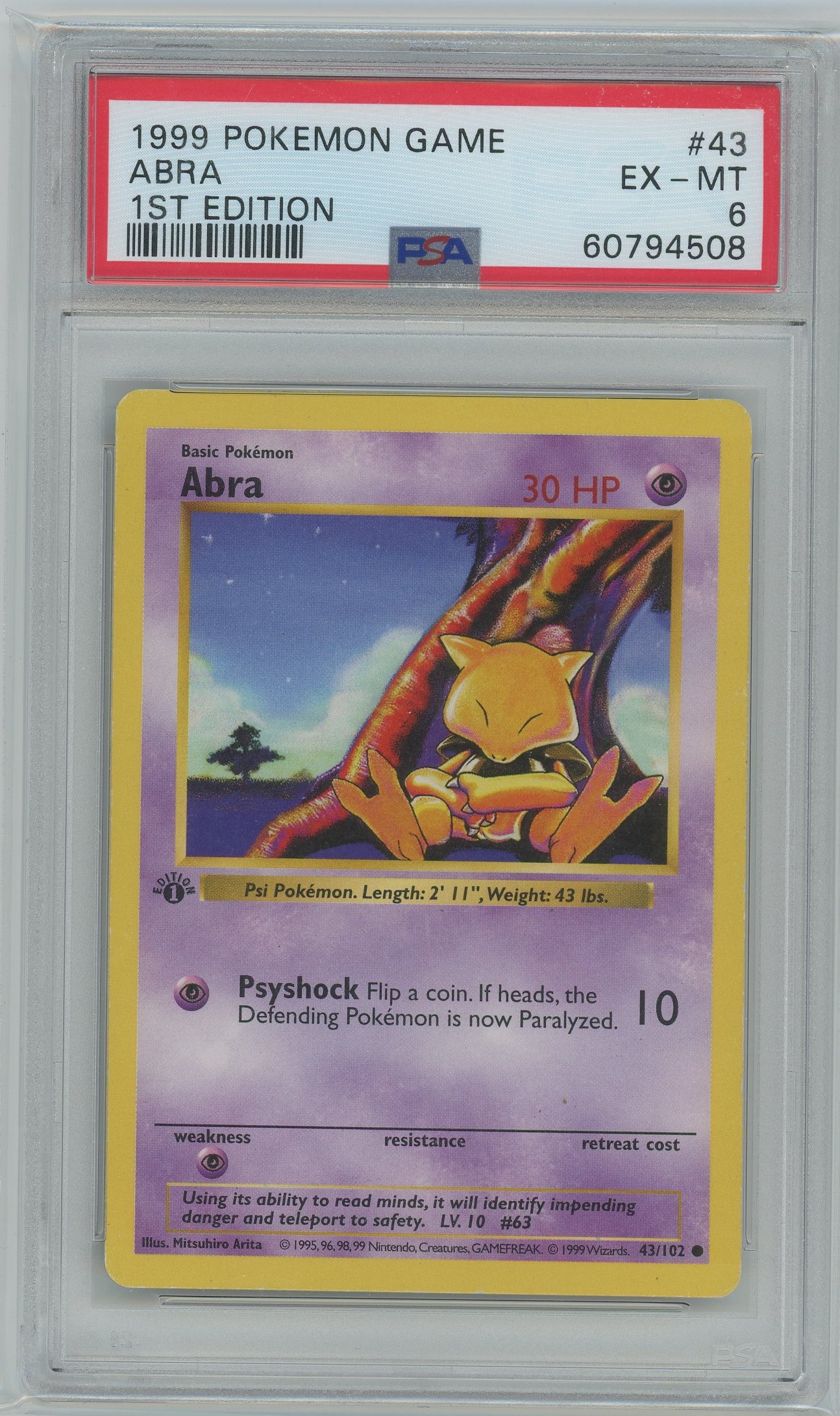 Pokémon 1999 Base Set Shadowless 1st Edition Abra #43 PSA 6