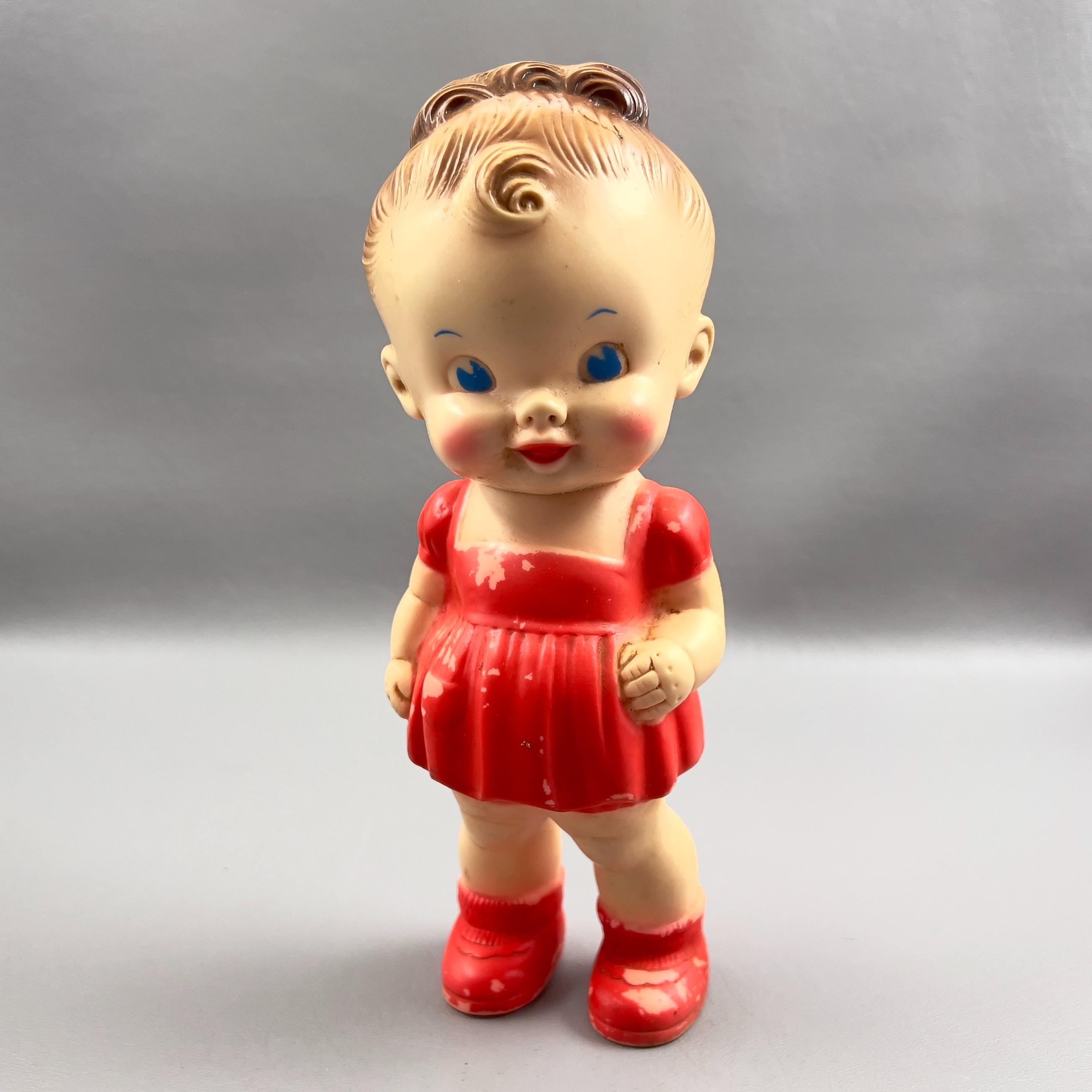 014 Vintage The Sun Rubber Co Ruth E Newton 8.5" Girl In Red Dress Blue Eyes Rubber Squeaker Toy