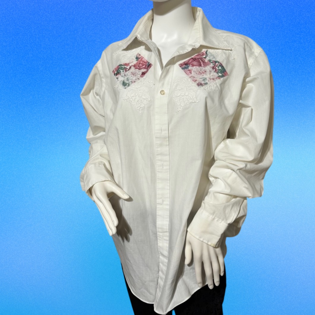 Vintage KETCH White Floral Appliqué Long Sleeve Button Front Dress ...