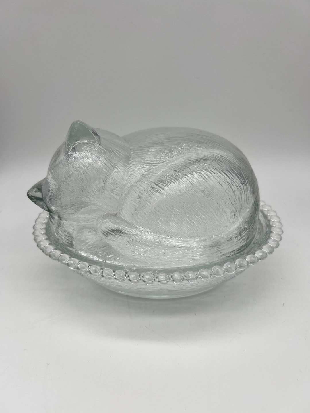 Vintage Clear Indiana Glass Curled Cat Candy Dish & Lid Nest Bowl