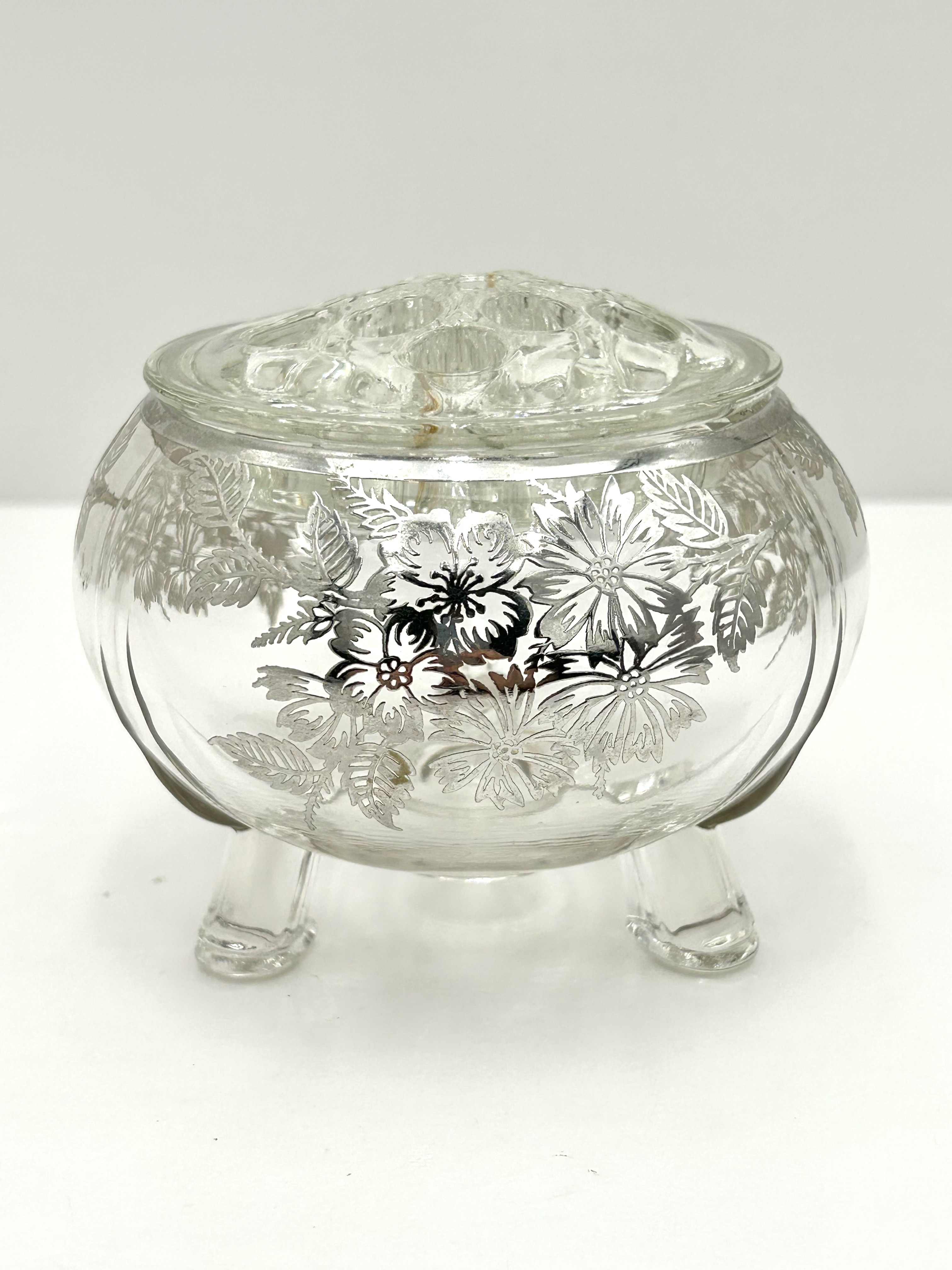 Clear Viking Atomic Style Three Footed Vase with Silver Floral Overlay