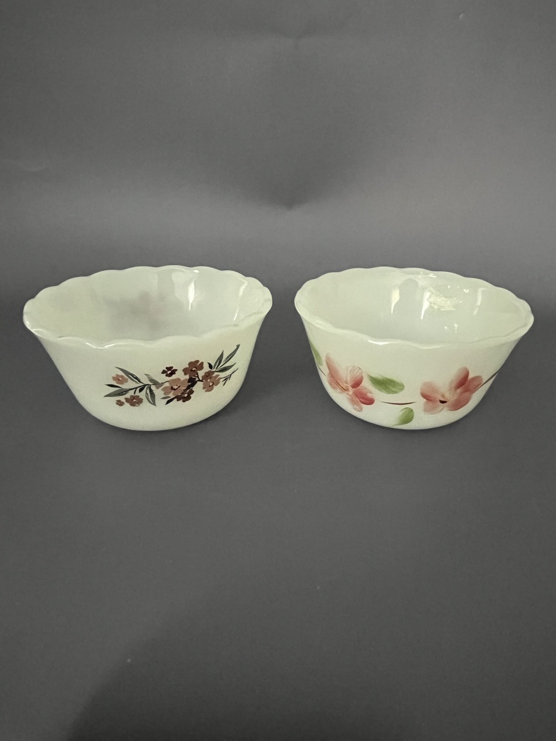 Two Lovely Fire King Custard Cups - Primrose And Peach Blossom