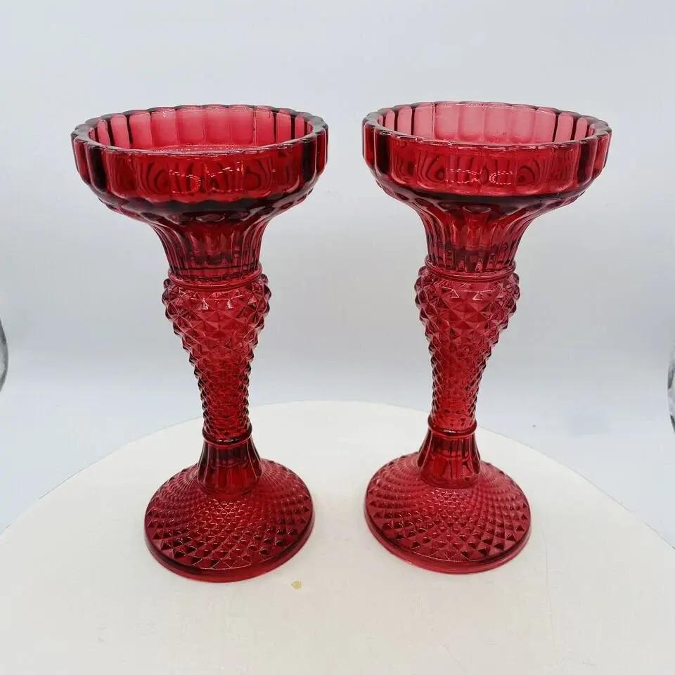 Pair Vintage Red Candle Holders Pillar Stand Glass Diamond Point