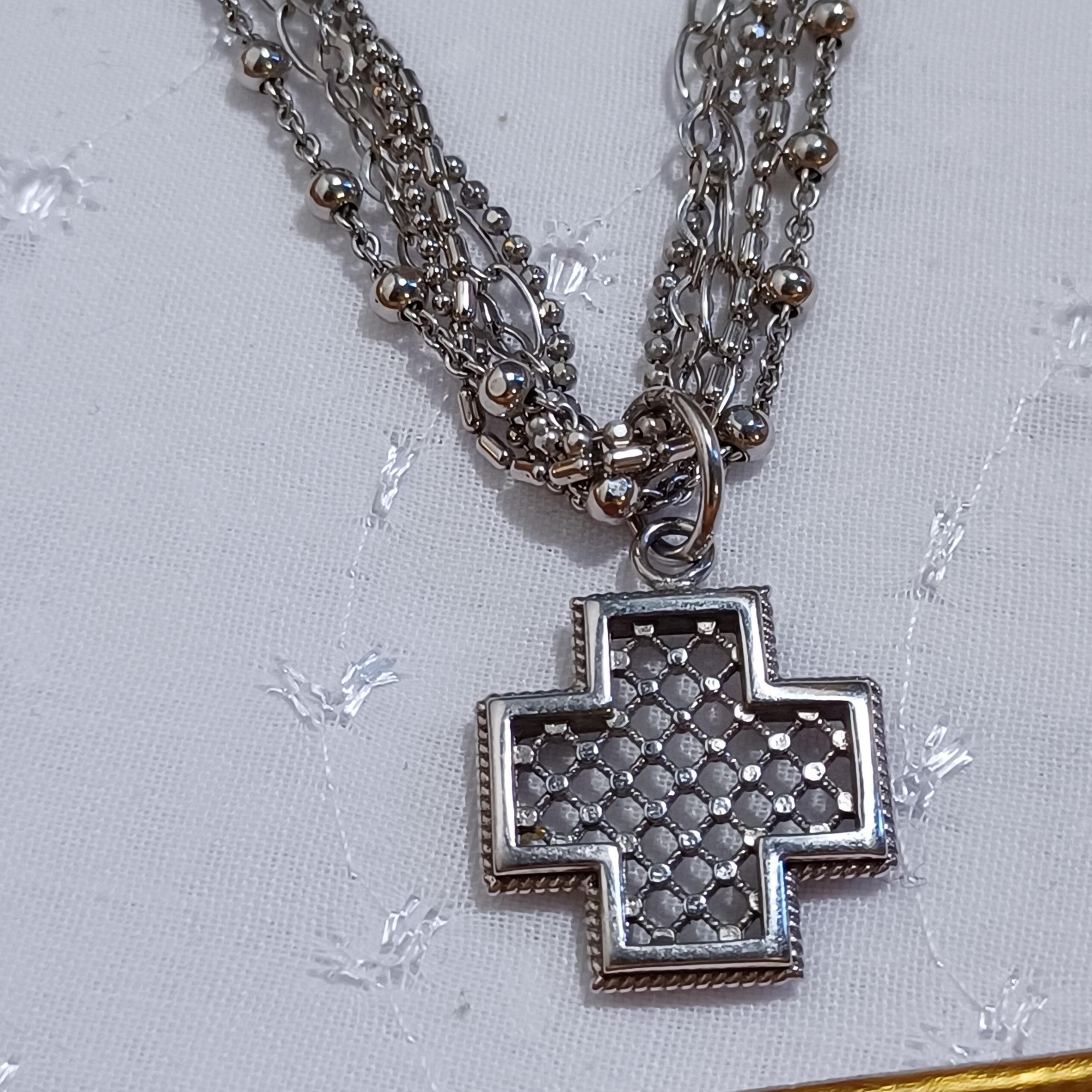 Vintage Silver Cross Pendant Necklace with Multi-Strand Chain