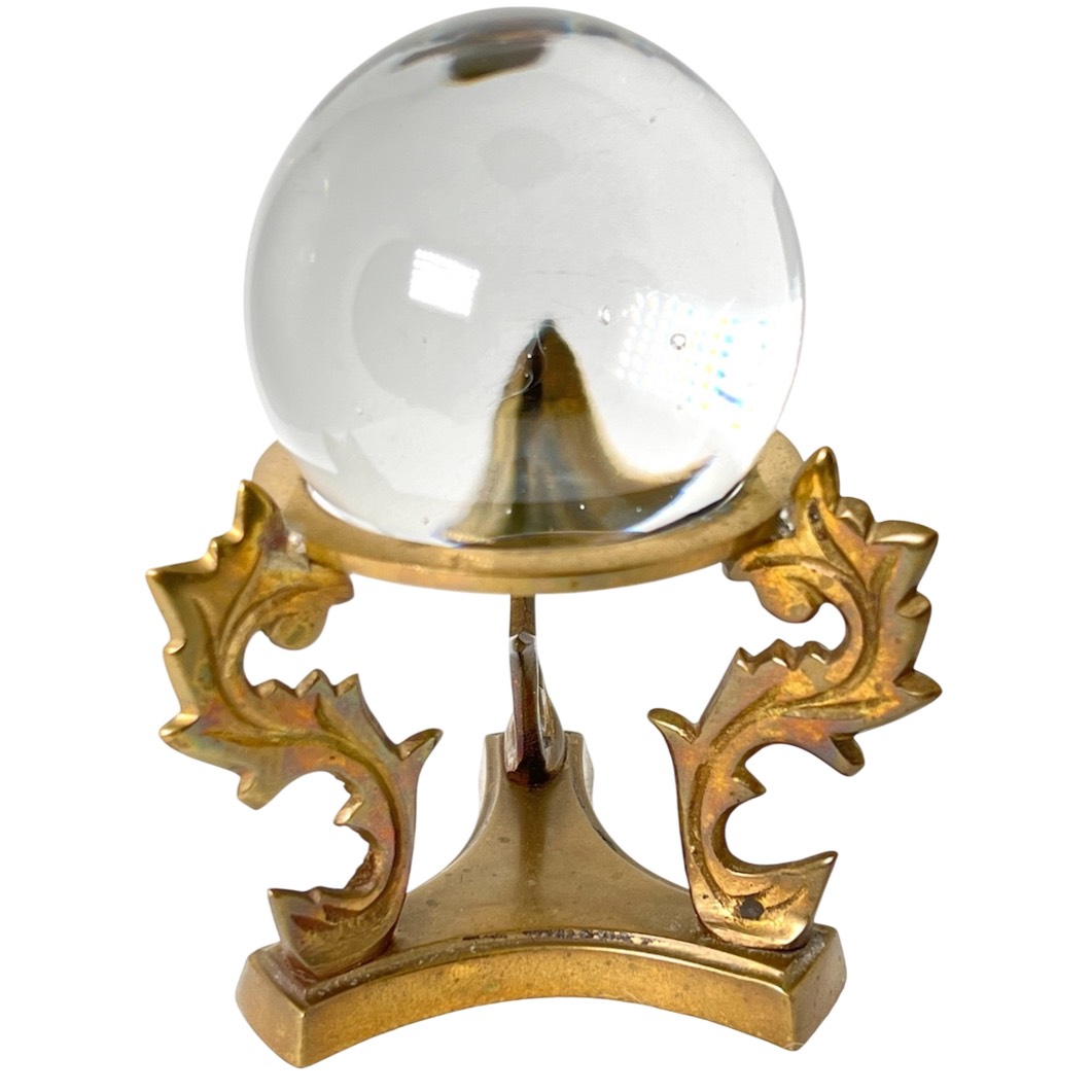 Clear Glass “Scrying Crystal” Ball Sphere On Brass Laurel Leaf Holder ...