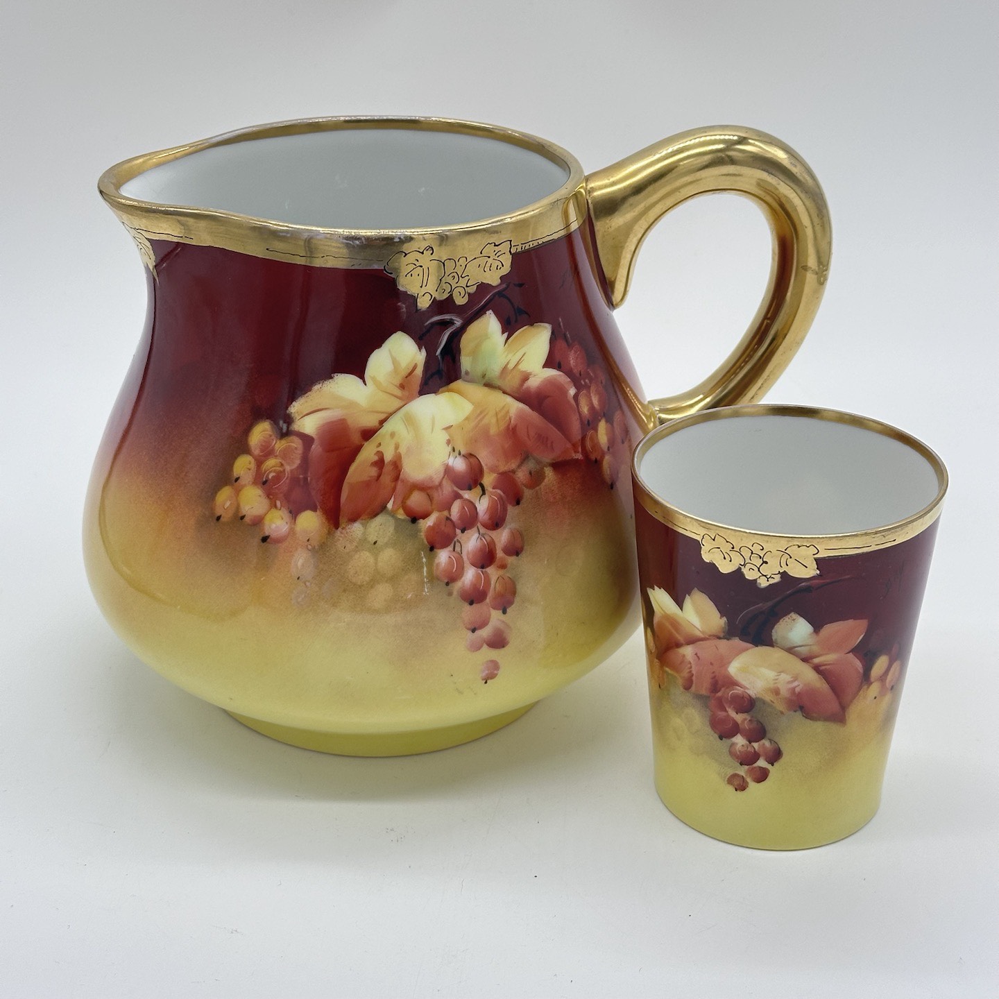 Tresseman Vogt T&V Limoges France Hand Painted Cider Pitcher & One Cup