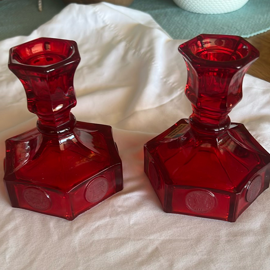 Fostoria Ruby Red Coin Glass Candlestick CANDLE HOLDERS - Pair