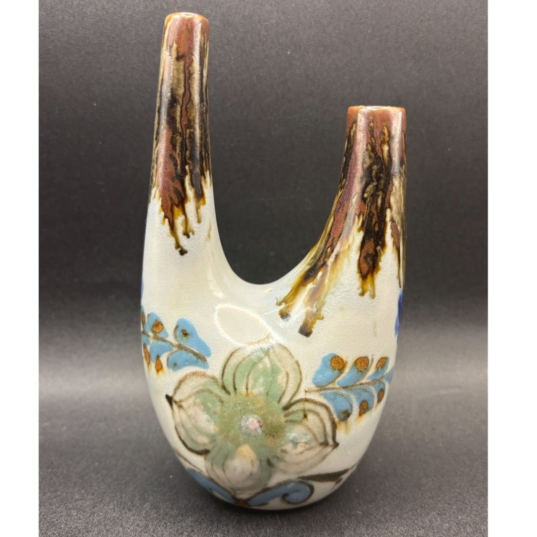 Ken Edwards Folk Art Mexican Pottery Double Bud Vase