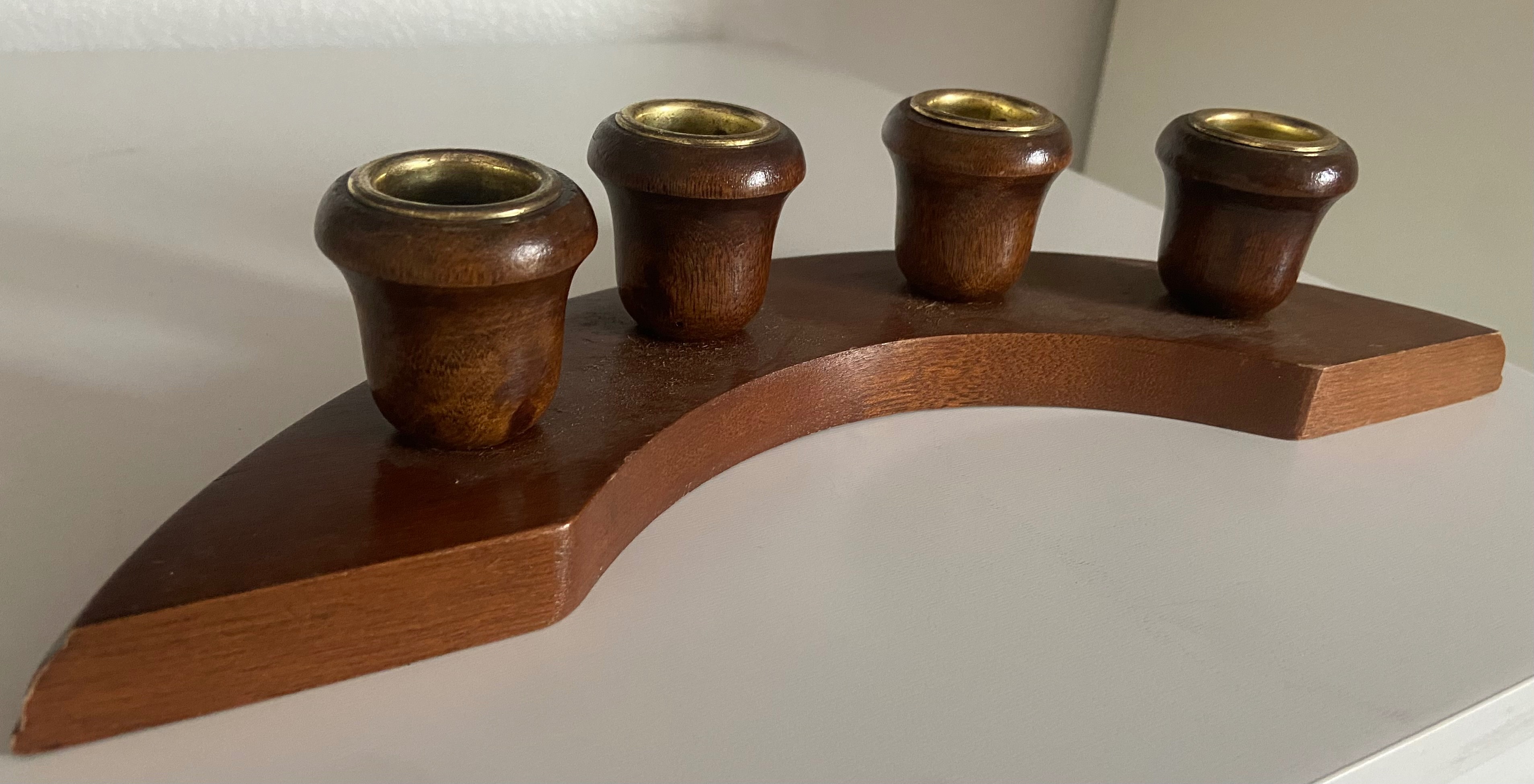Vintage MCM Wooden Half Circle Curved Multi Candle Holder
