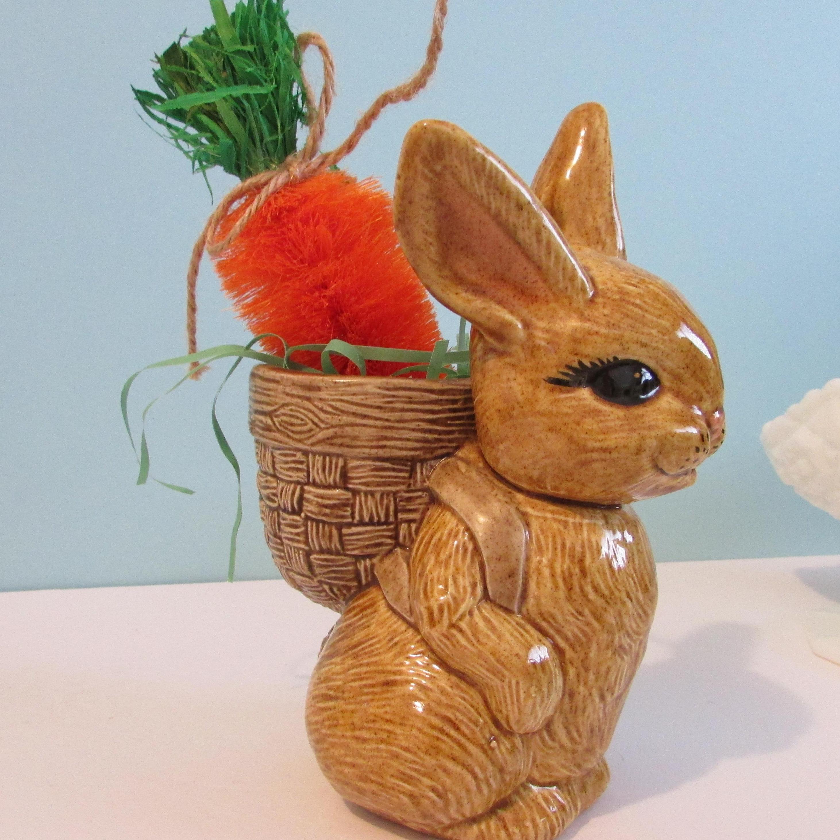 vintage painted ceramic Easter bunny rabbit with basket planter holder
