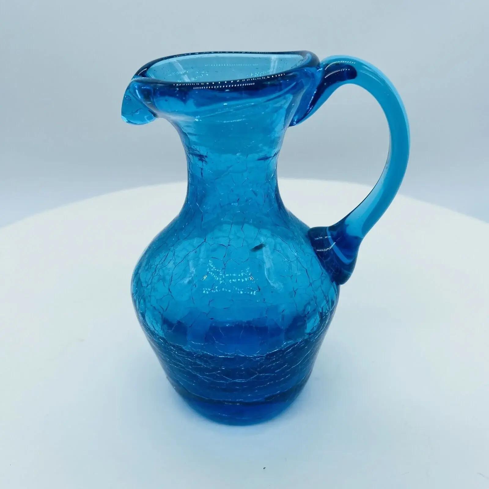 Vintage Blenko Blue Crackle Small Jug Pitcher Handblown Heavy