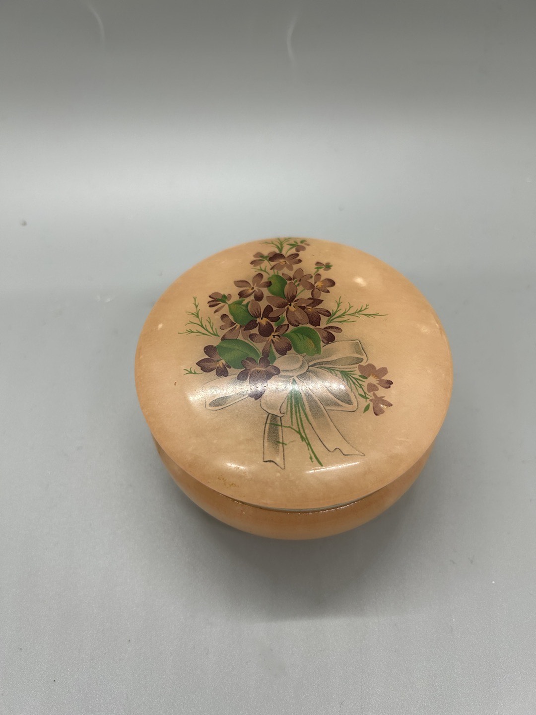 988 Peach Alabaster Trinket Box With Violets 3.5”