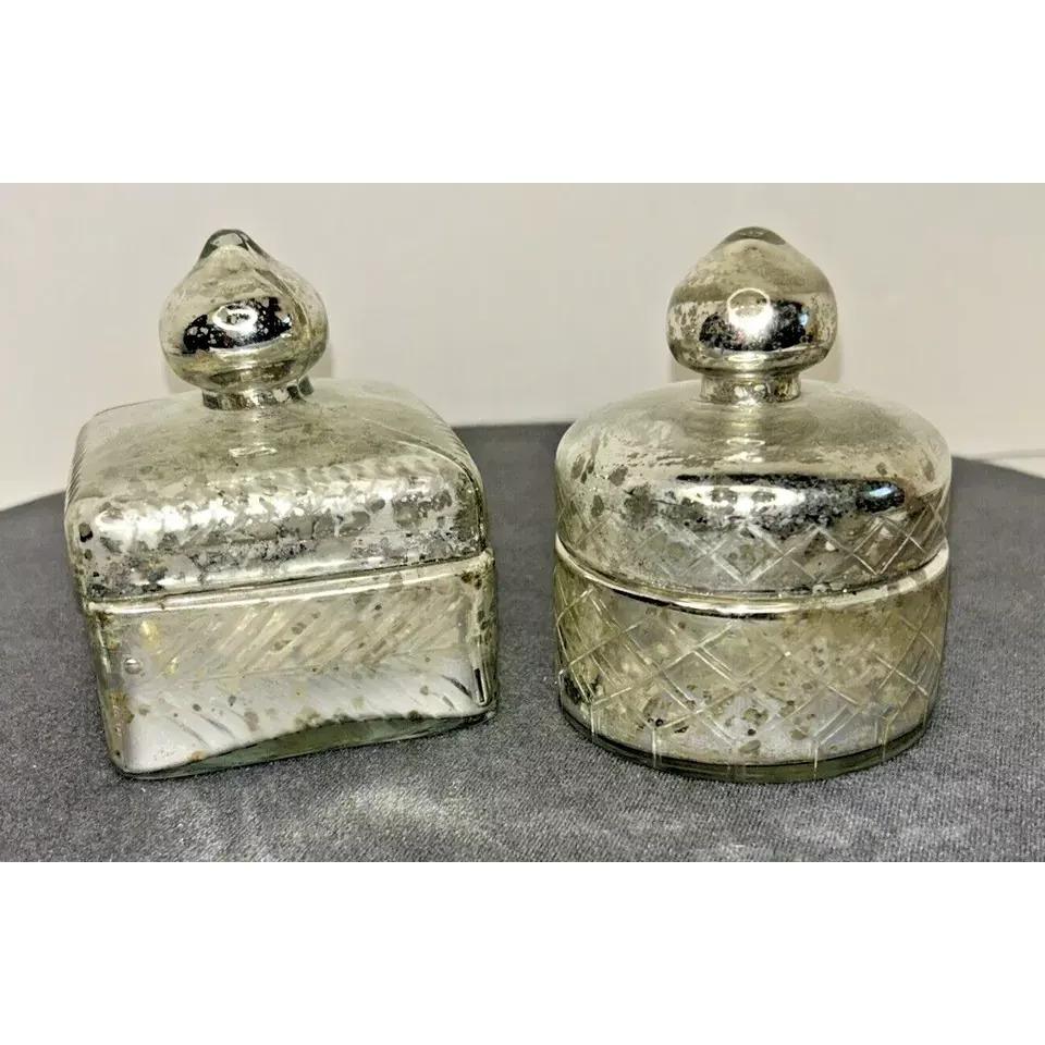 Pair Anthropologie Silver Mercury Glass Trinket Boxes Etched Design