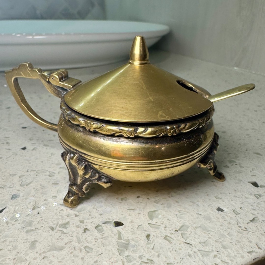 Mini Antique brass Engraved salt, mustard, caviar or jam cellar with ...