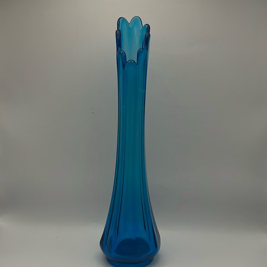 Vintage LE Smith Turquoise Blue Glass Paneled Swung Vase