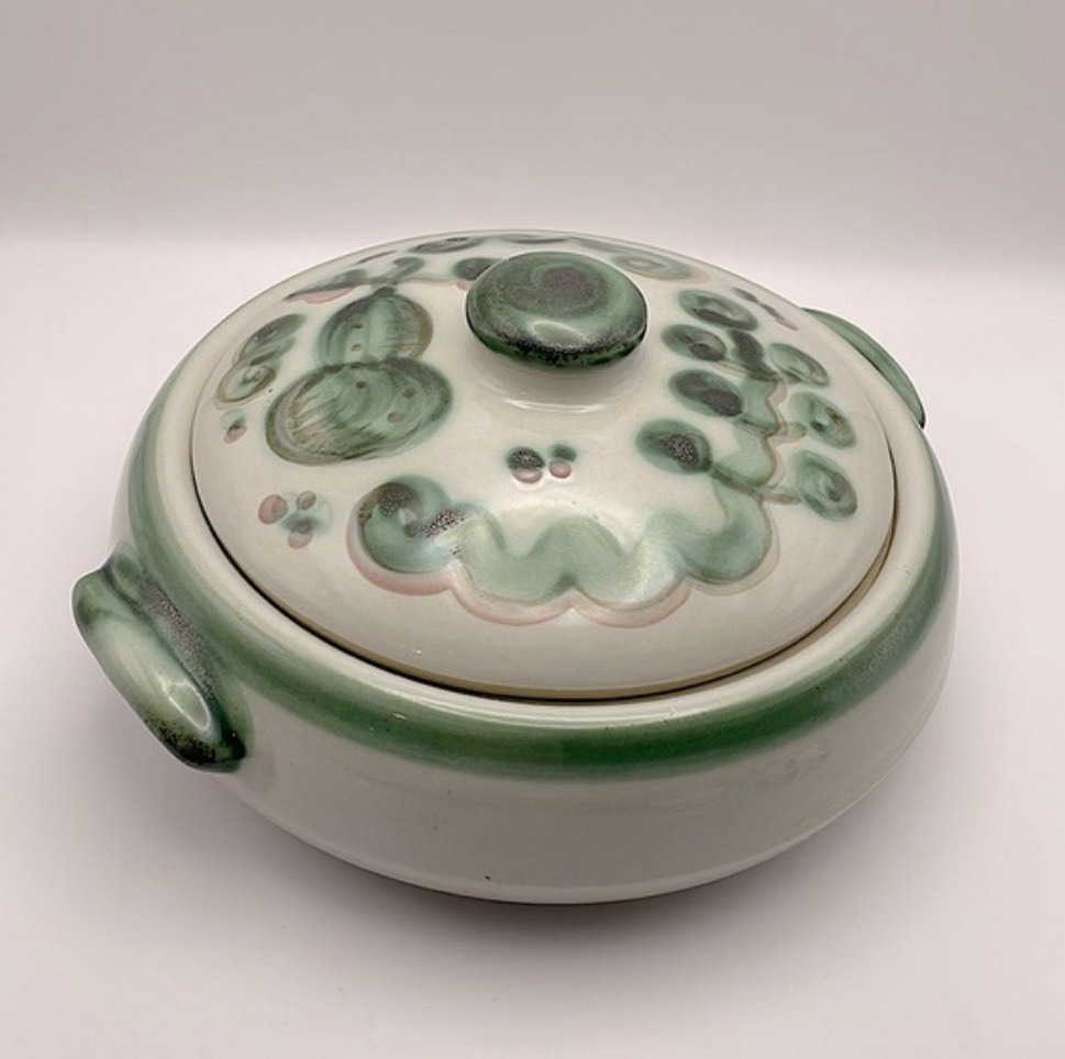 M A Hadley, signed, pottery, 2 pc casserole, pear/grapes, green/off wht ...