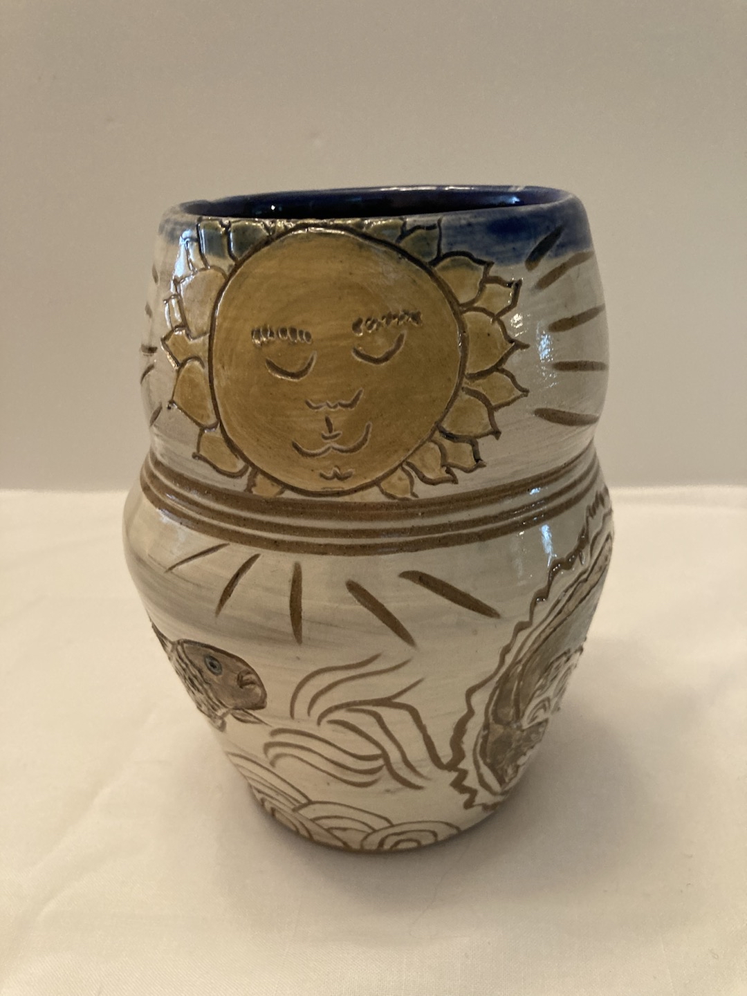 Very Nice Pottery Vase Decorated With The Sun And Fish