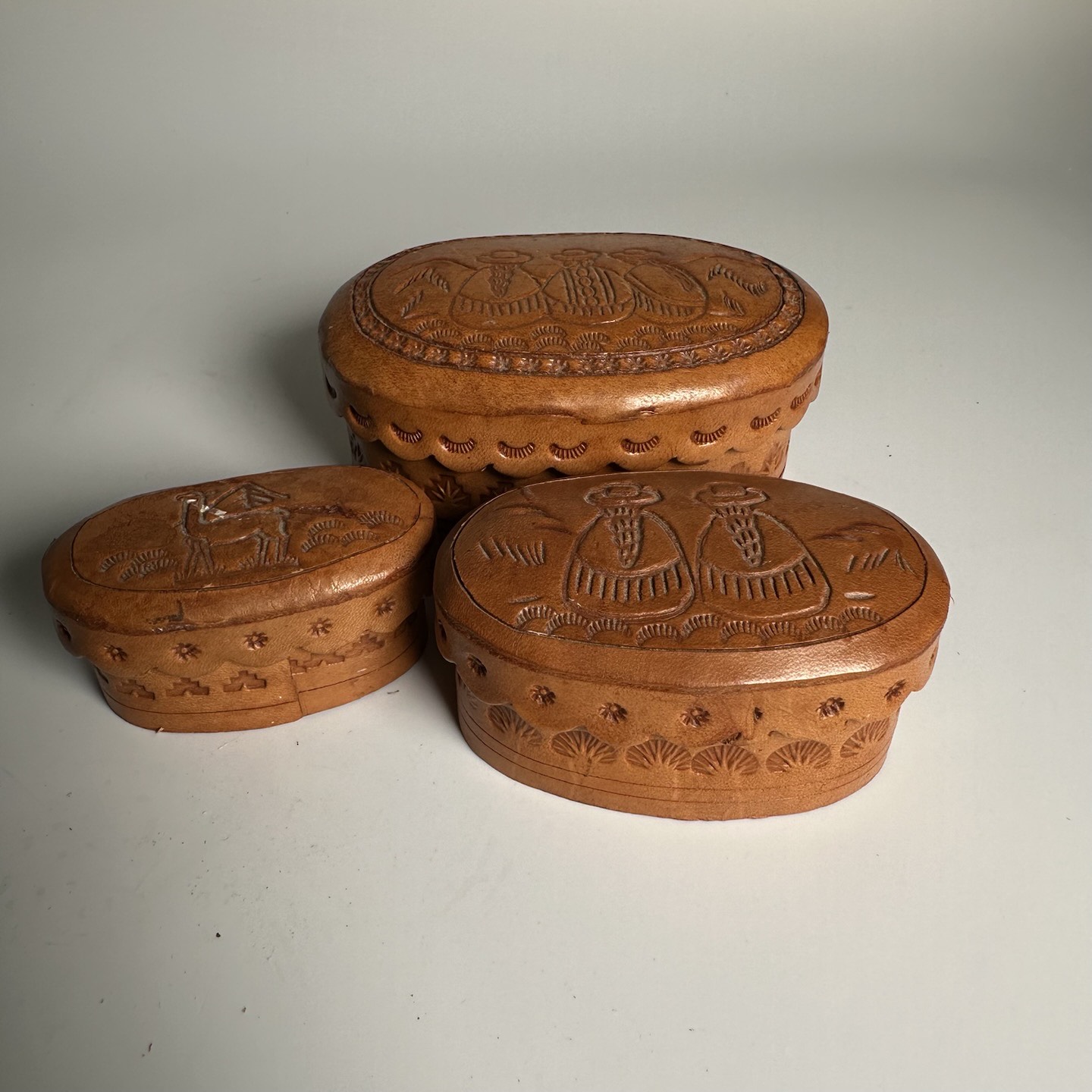 Set of 3 Vintage Leather Nesting Trinket Boxes Made In Peru