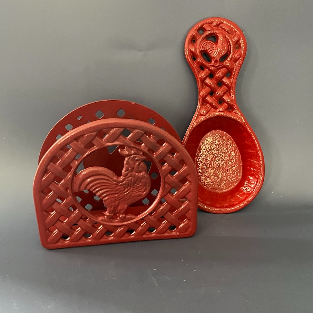 Red Cast Iron Rooster Open Lattice Napkin Holder And Matching Spoon ...