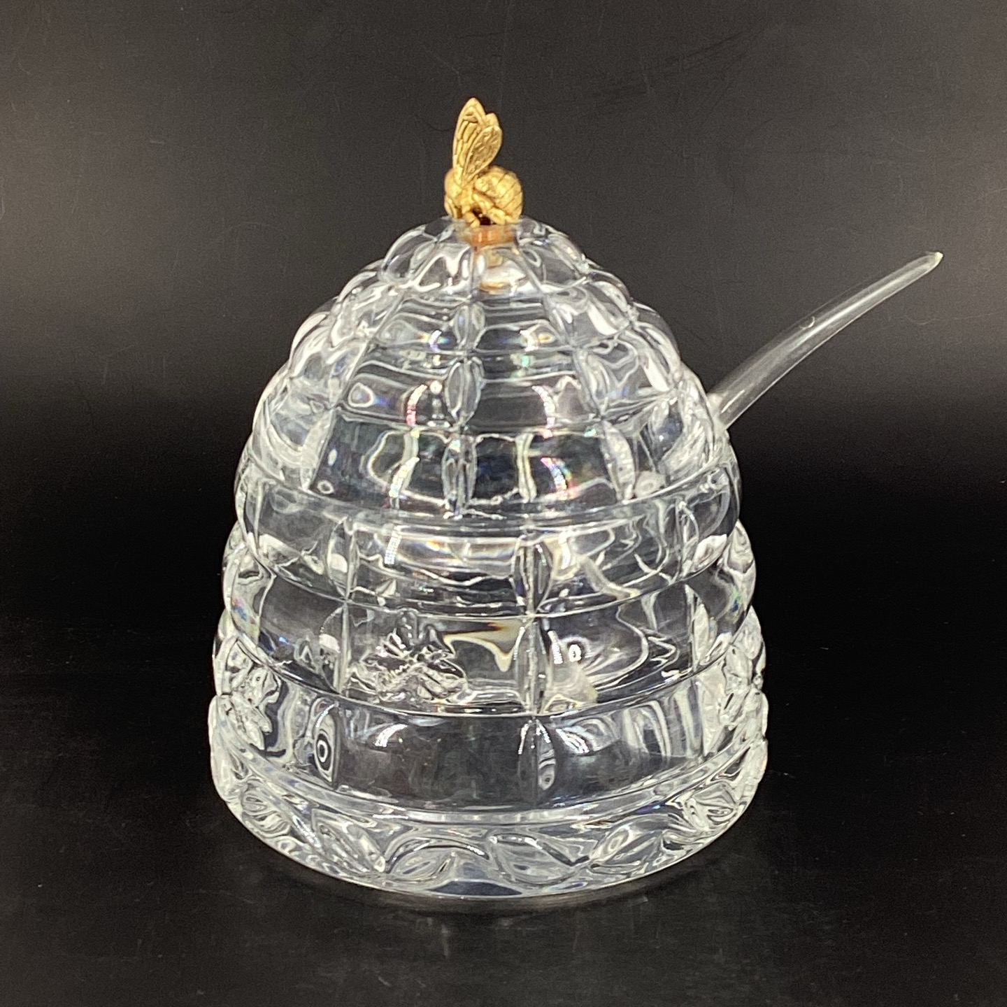 Bohemian Clear Crystal Glass Bee Hive Honey Jar with Lid and Spoon
