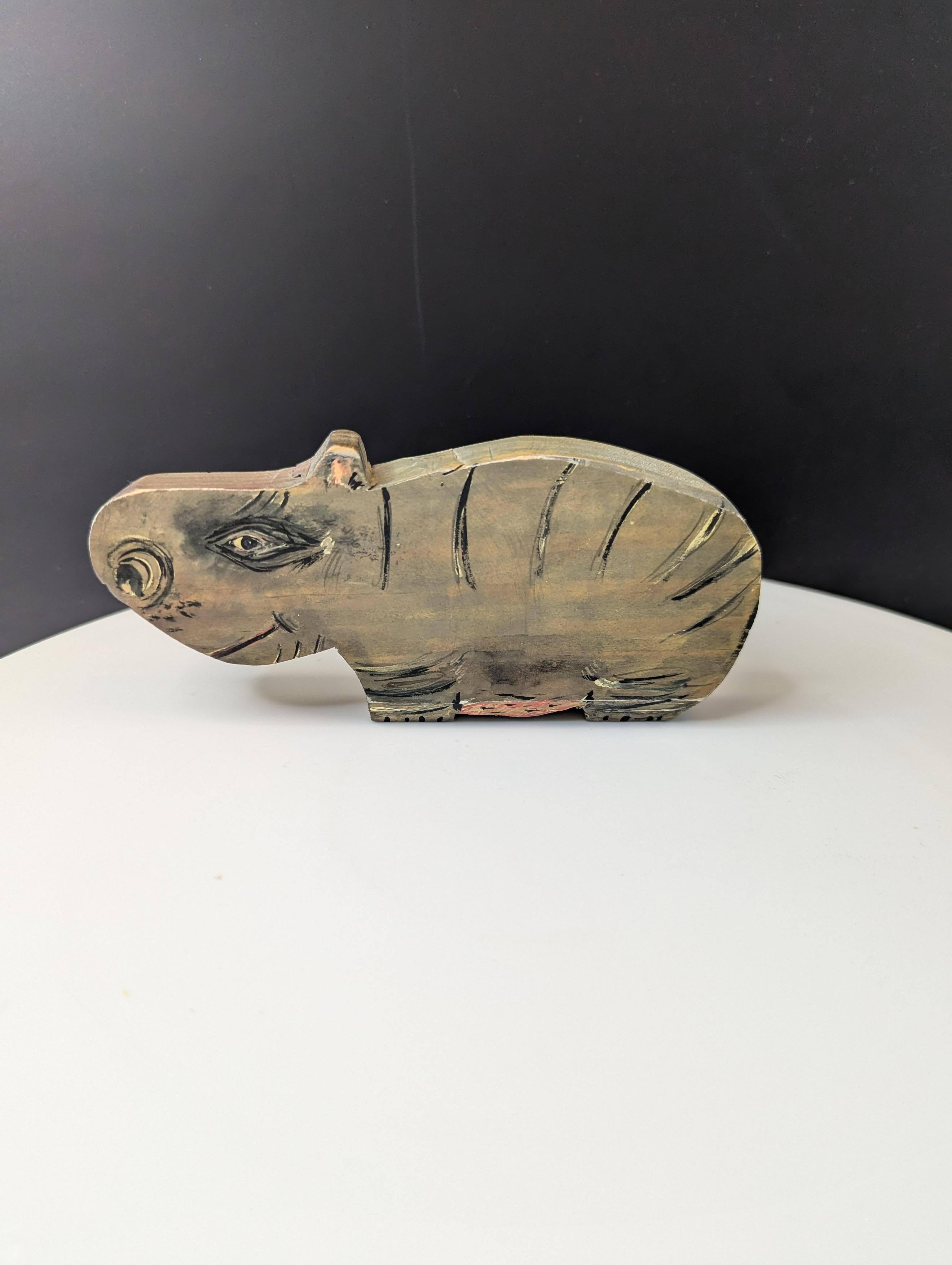 Handcrafted and Handpainted Wooden Hippo Figurine, Rustic Animal Decor, Folk Art