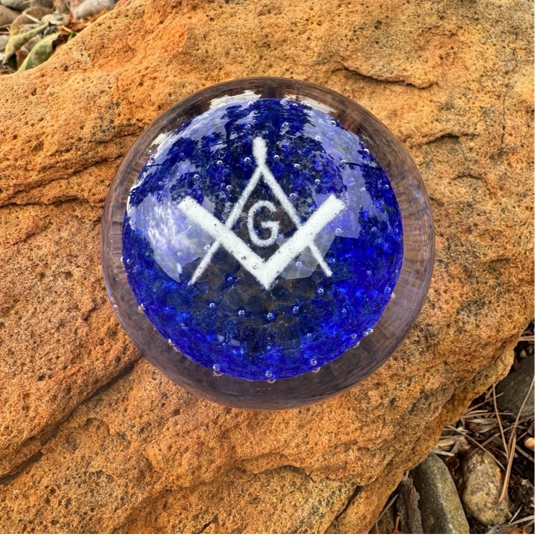 Masonic Cobalt Blue Controlled Bubbles Paperweight with Masonic Symbol ...